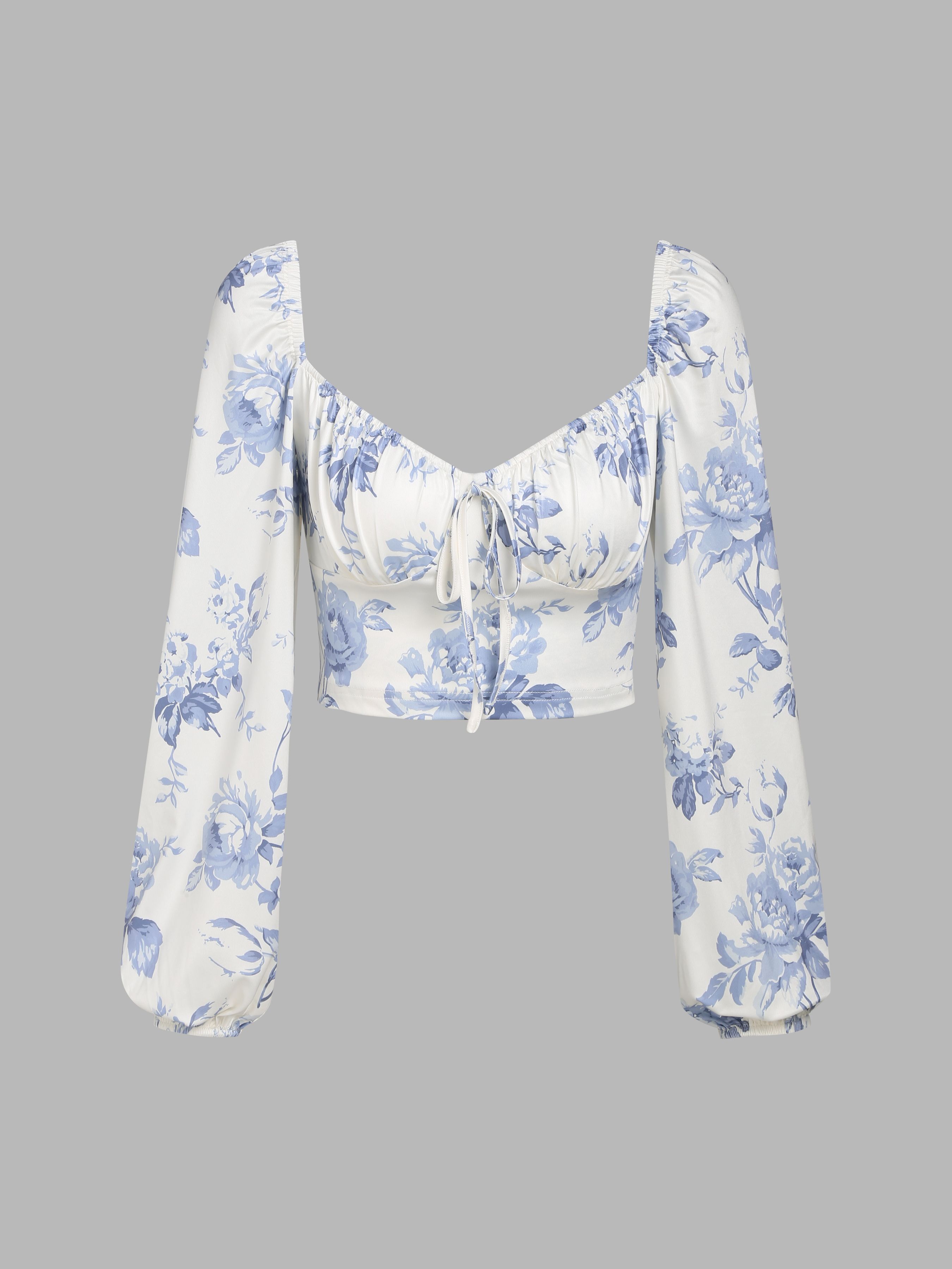 Floral Drawstring Lantern Sleeve Crop Top - Cider