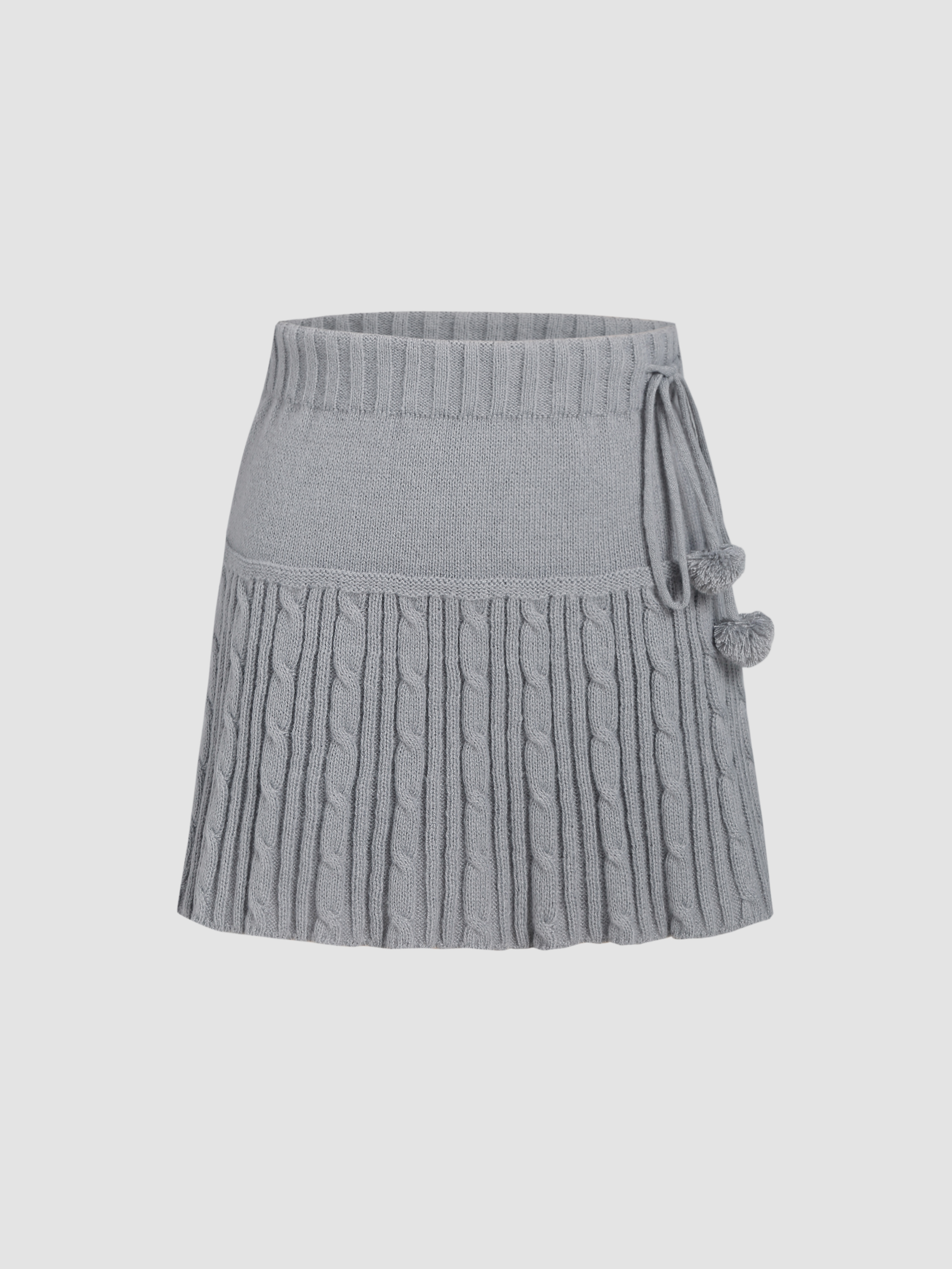 Fuzzy Ball Drawstring Knitted Skirt - Cider
