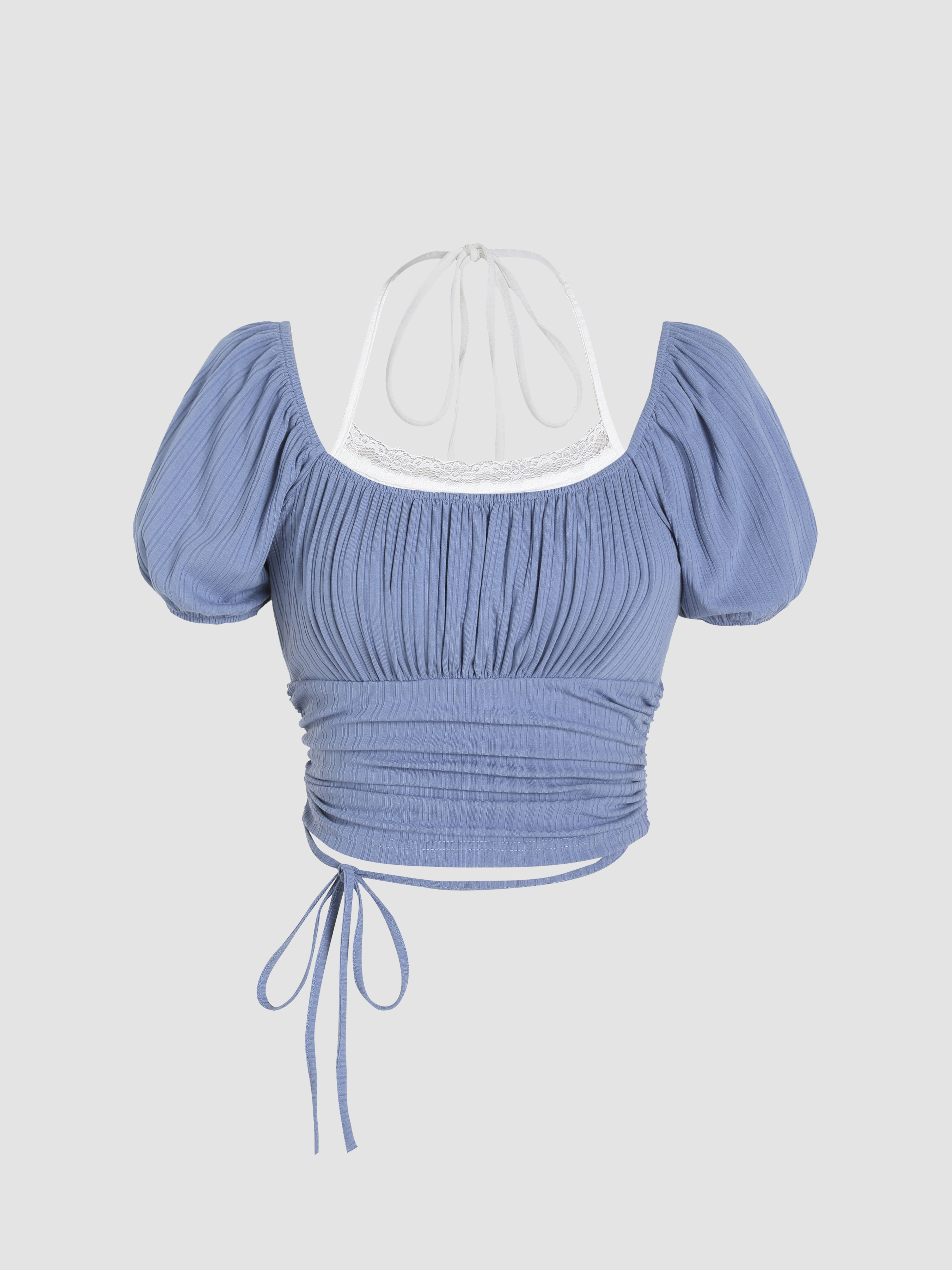 Two Tone Drawstring Ruched Halter Crop Top For School Daily Casual Date ...