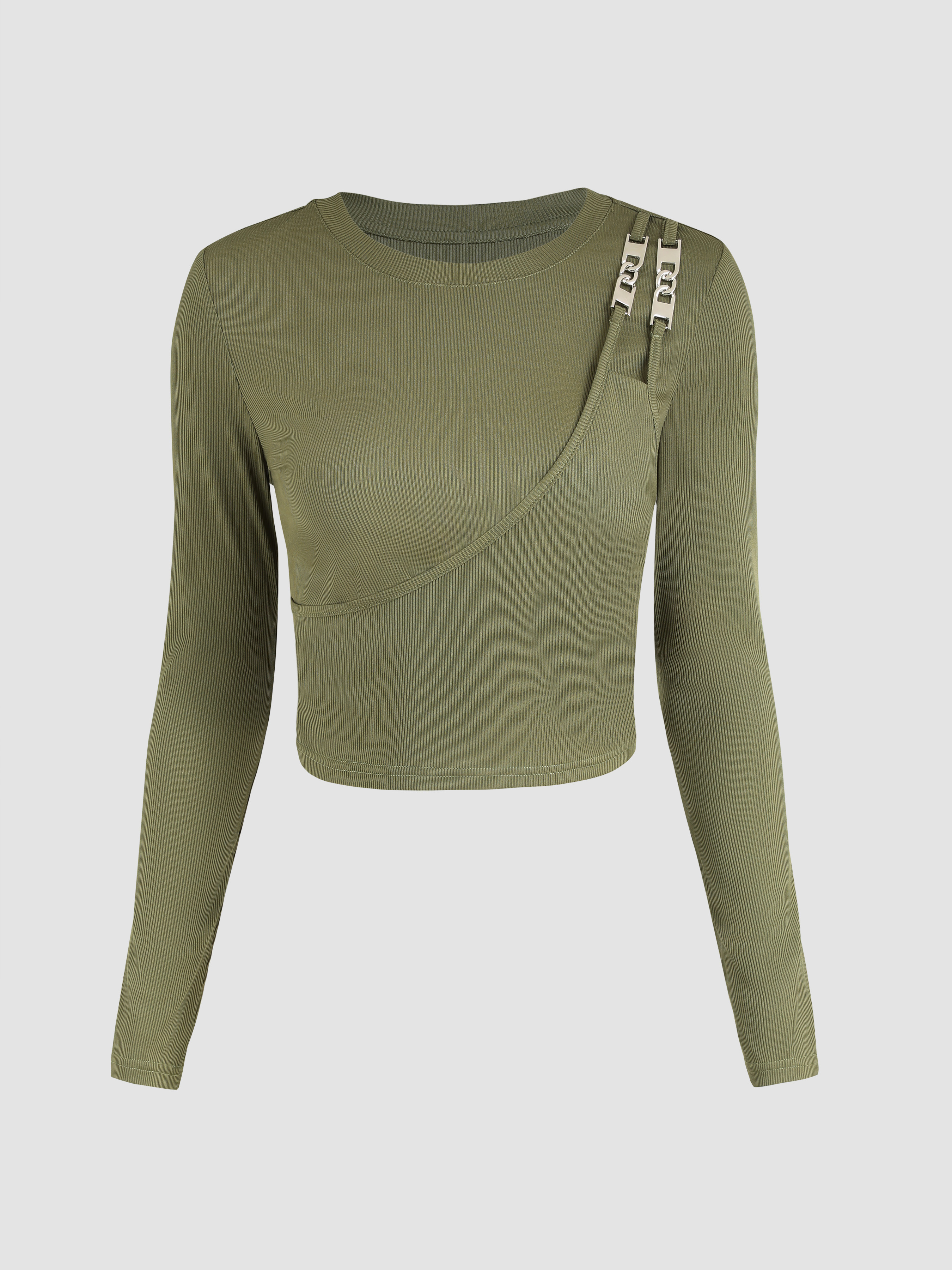 Knit Fabric Solid Rib Chain Detail Crop Top For Coffee Shop Vacation ...