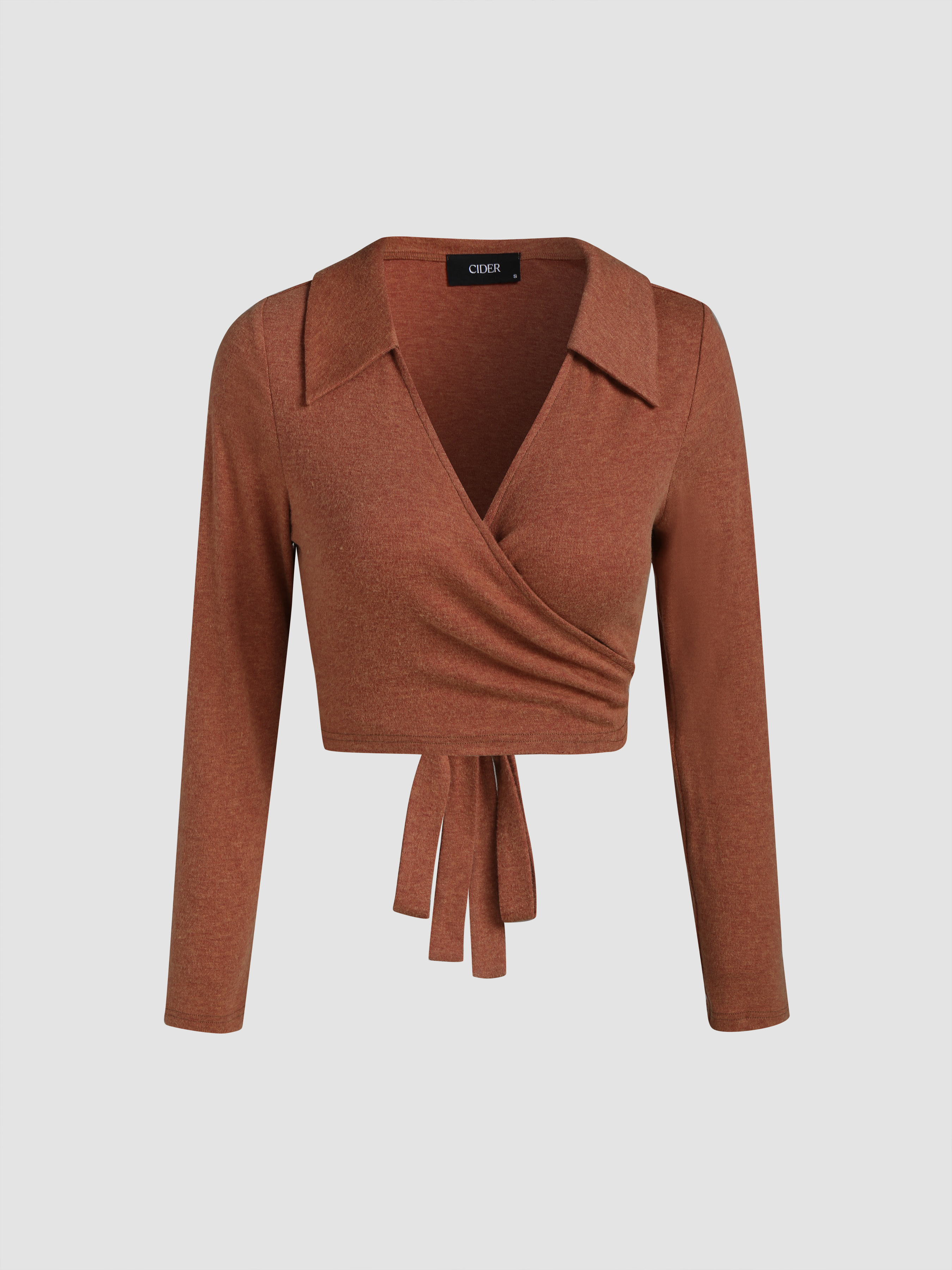 Solid Wrap Knotted Collar Top - Cider