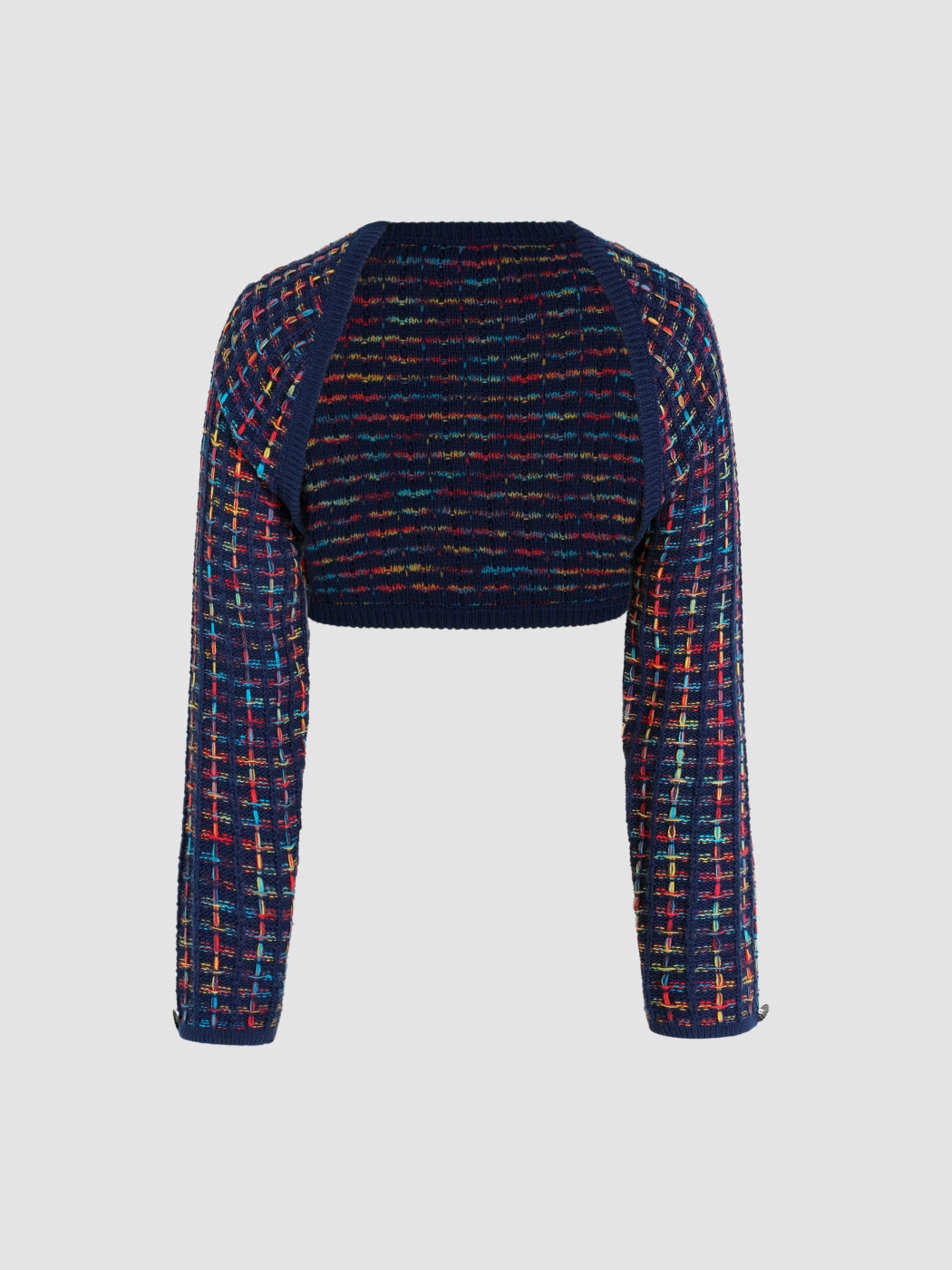 Plaid Tweed Knitted Long Sleeve Crop Top - Cider