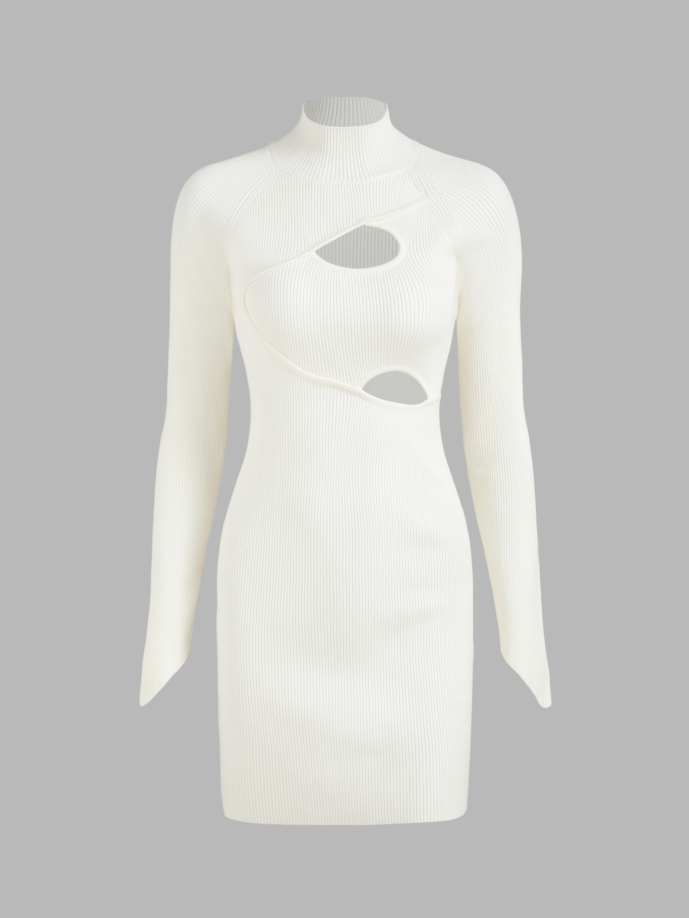 Solid Stand Collar Cut Out Knitted Mini Dress For Date Work