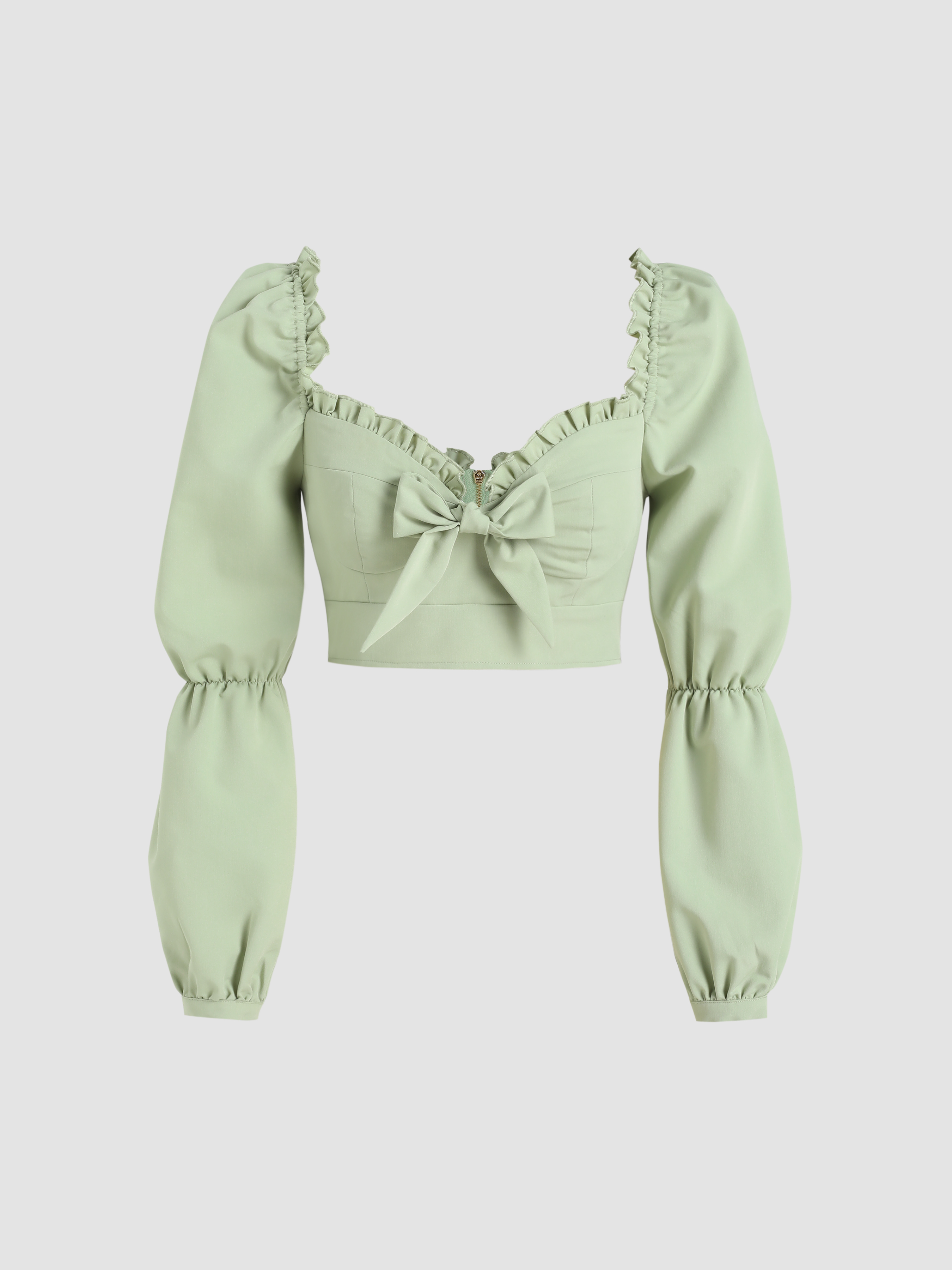 Solid Bowknot Ruffle Crop Blouse - Cider