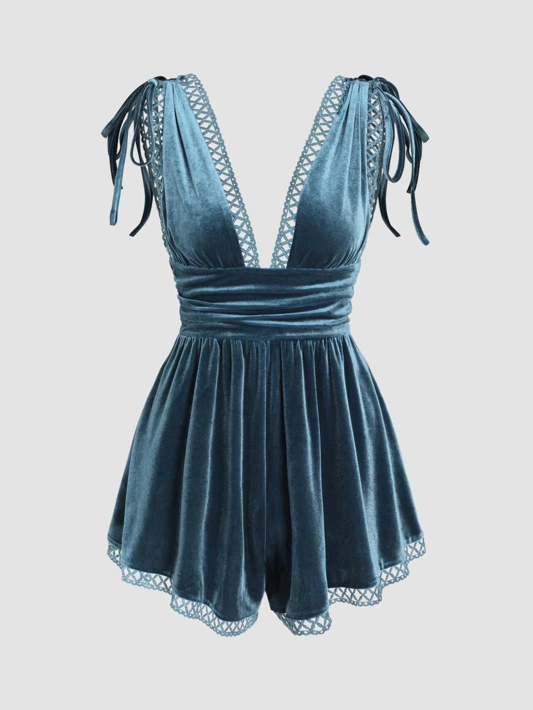 Velvet Deep V Drawstring Playsuit For Music Festival/Live House Party/Clubbing Vacation Holiday