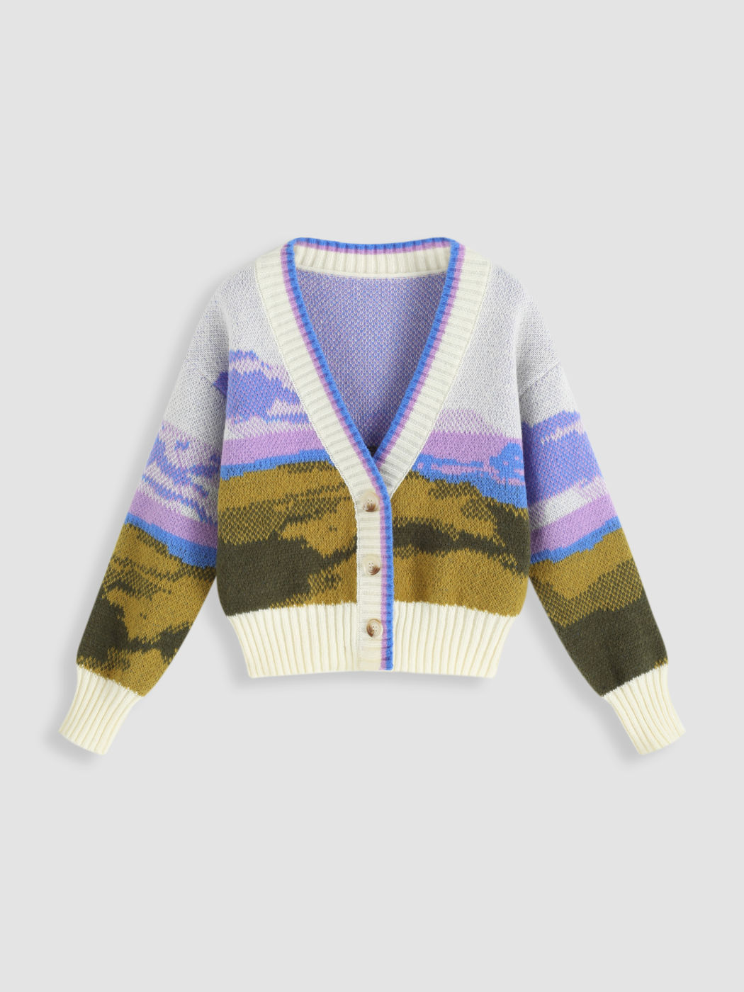 V-neck Landscape Knit Cardigan For School Work Vacation Holiday