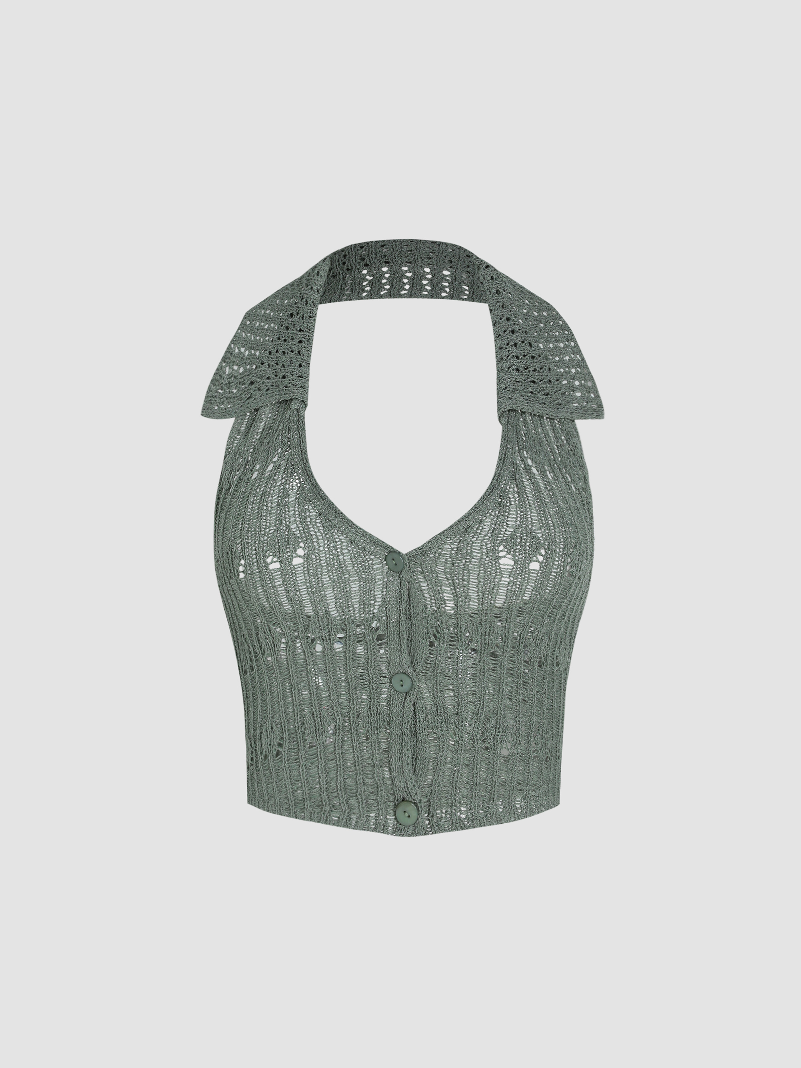Solid Collar Button Up Halter Knitted Crop Top For School Beach Picnic ...