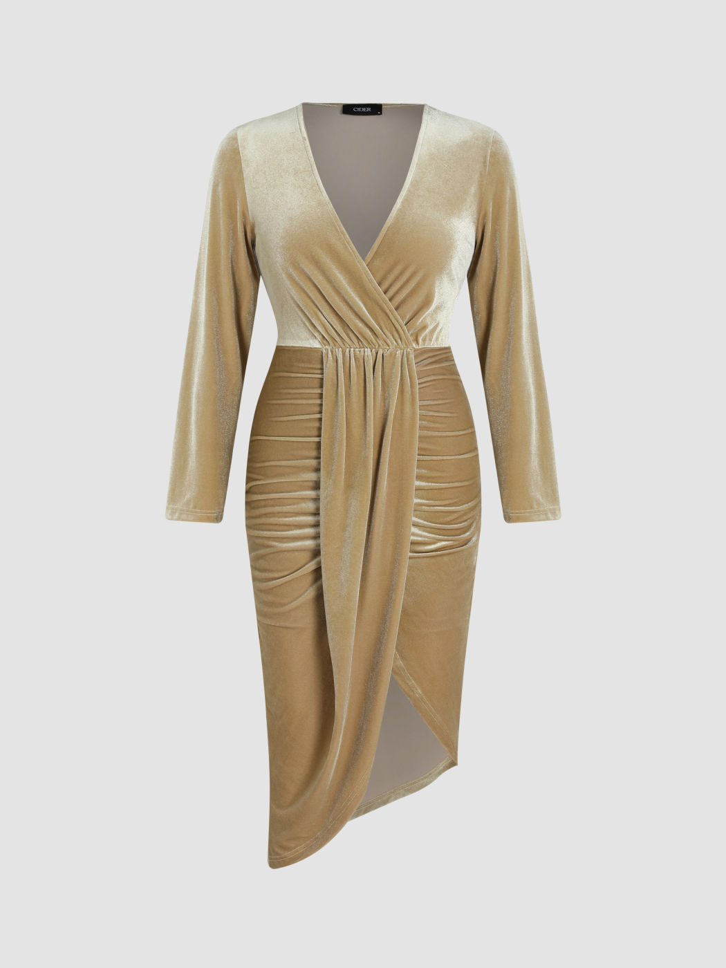 Solid V-neck Velvet Ruched Split Midi Dress For Coffee Shop Work