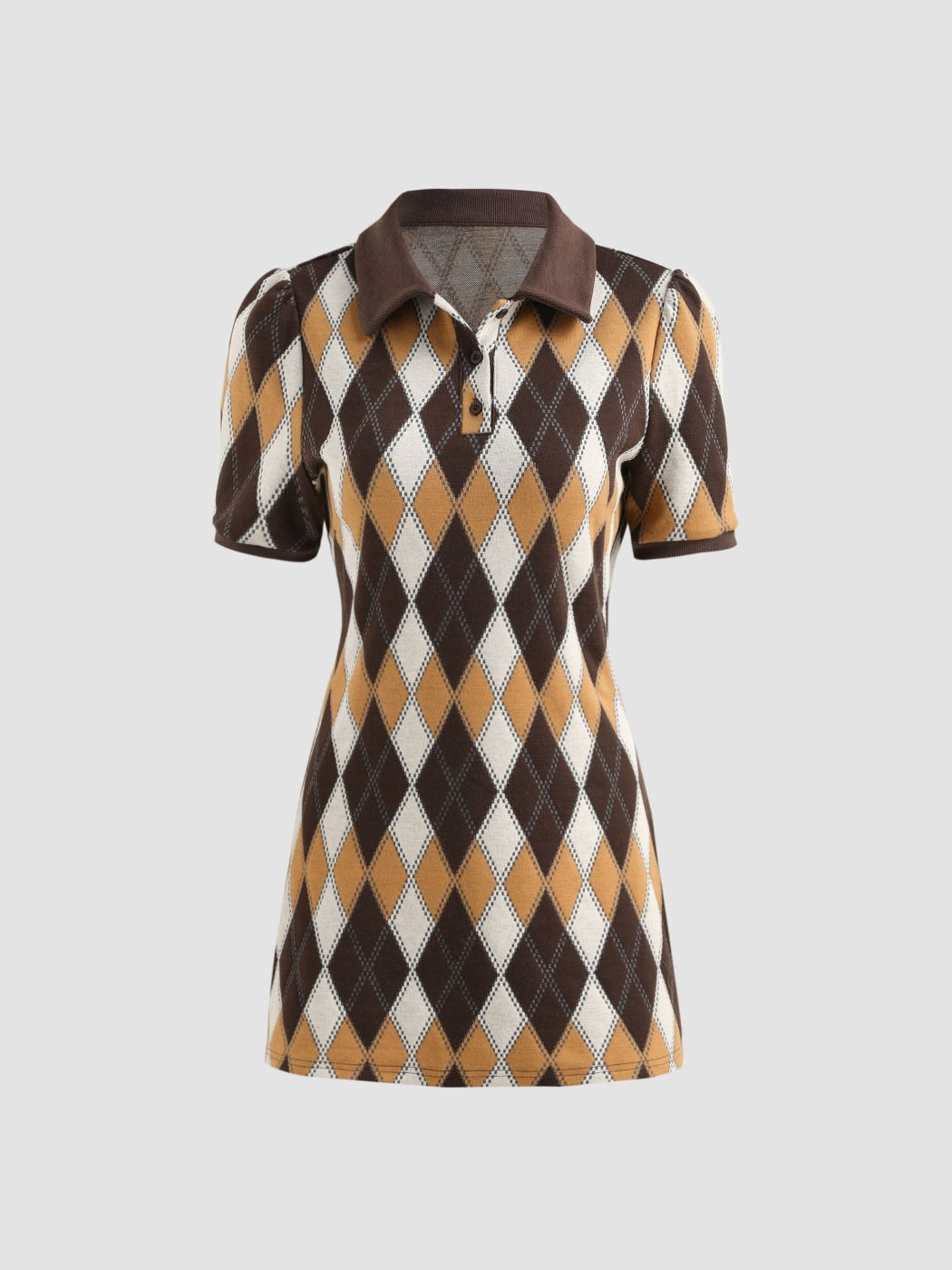 Diamond Pattern Polo Mini Dress For School Coffee Shop Outdoor