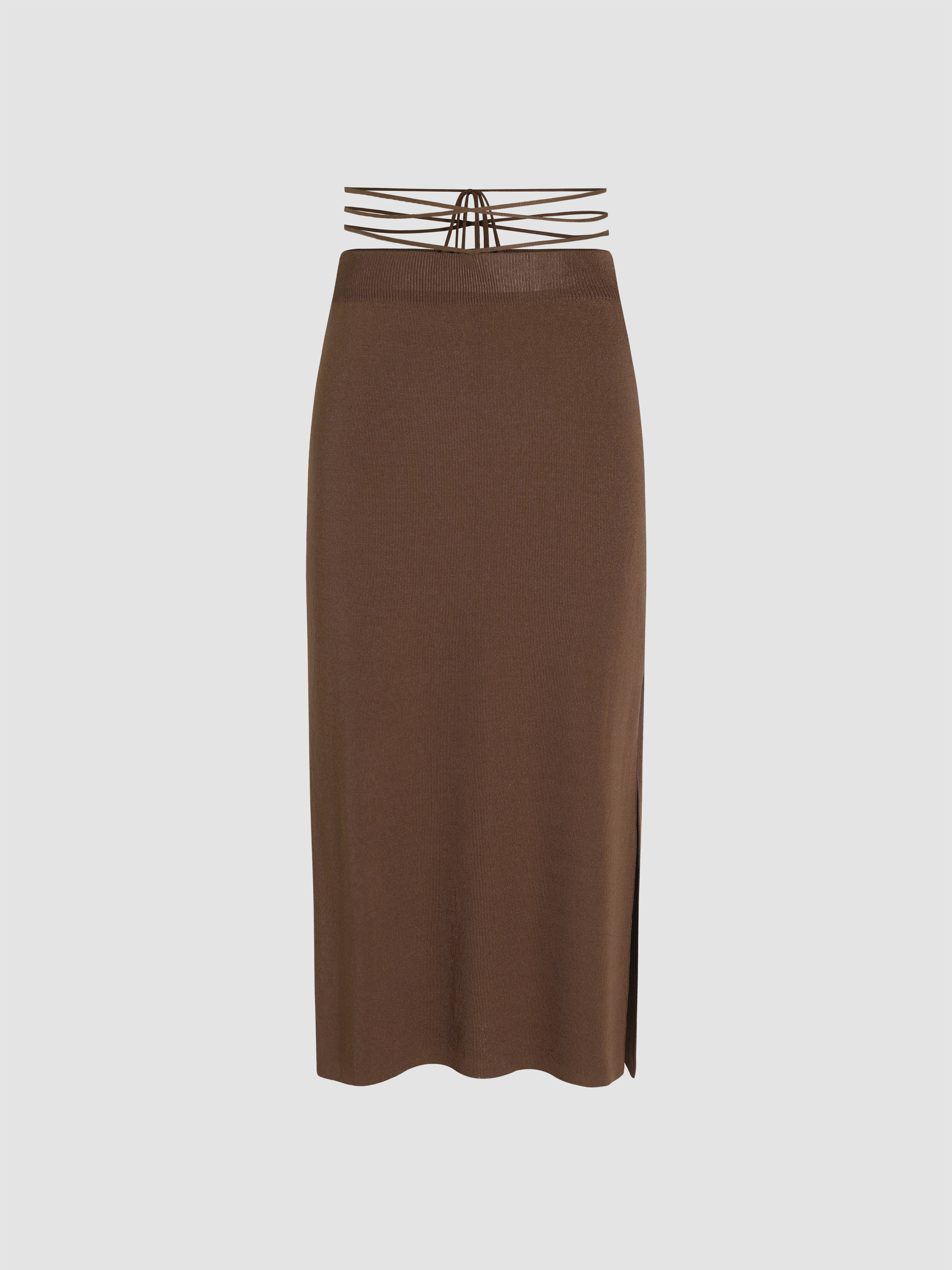 Solid Waist Tied Knitted Slit Skirt - Cider