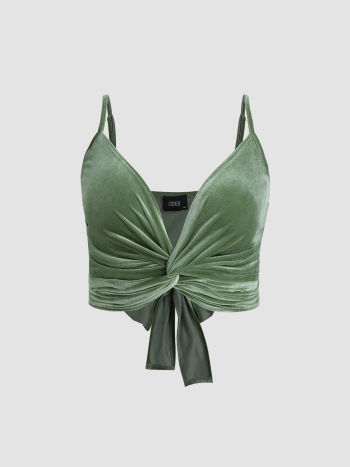 Solid Velvet Cross Wrap Front Tie Back Tank Top Curve & Plus - Cider