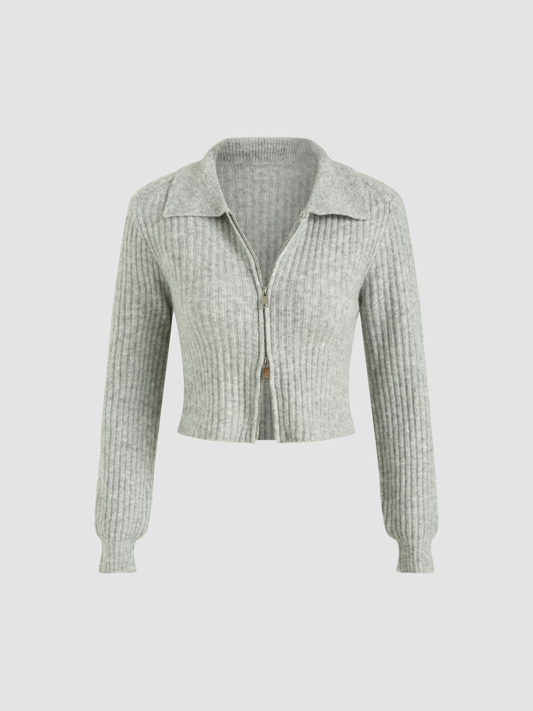 Wool-blend Knit Zipper Long Sleeve Collared Top - Cider