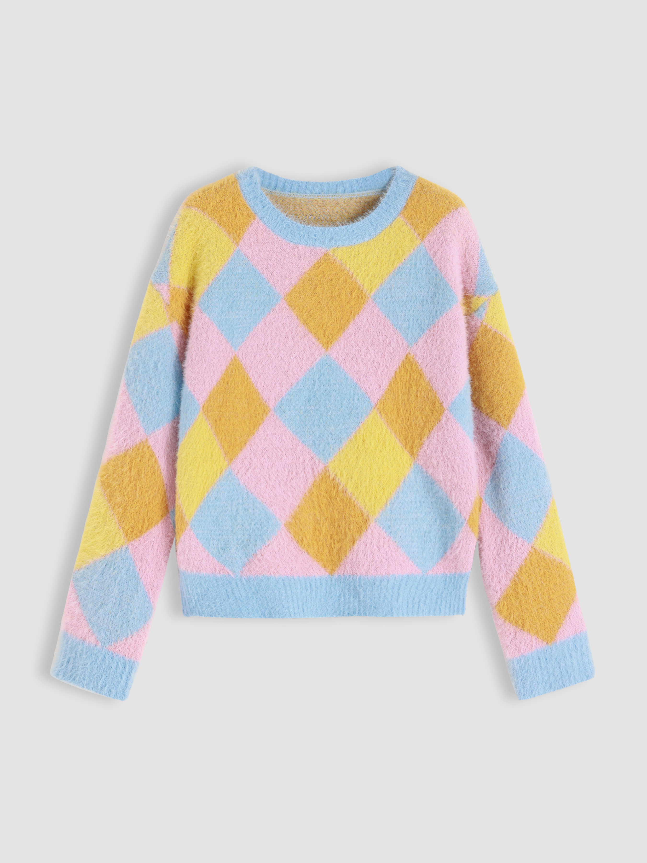 Gingham Round Neckline Sweater For School Daily Casual Coffee Shop Work