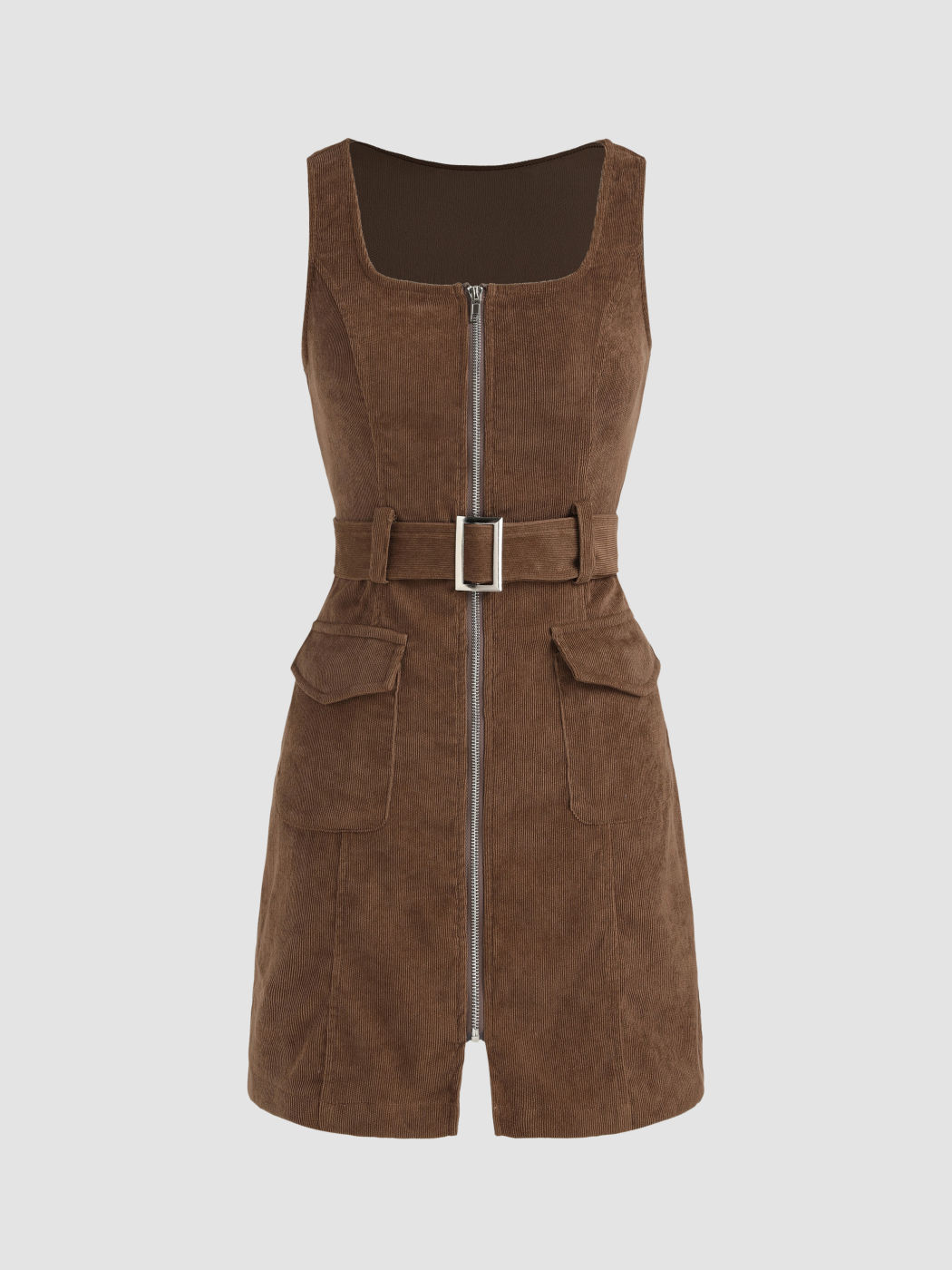 Corduroy Zip Up Mini Dress With Belt - Cider
