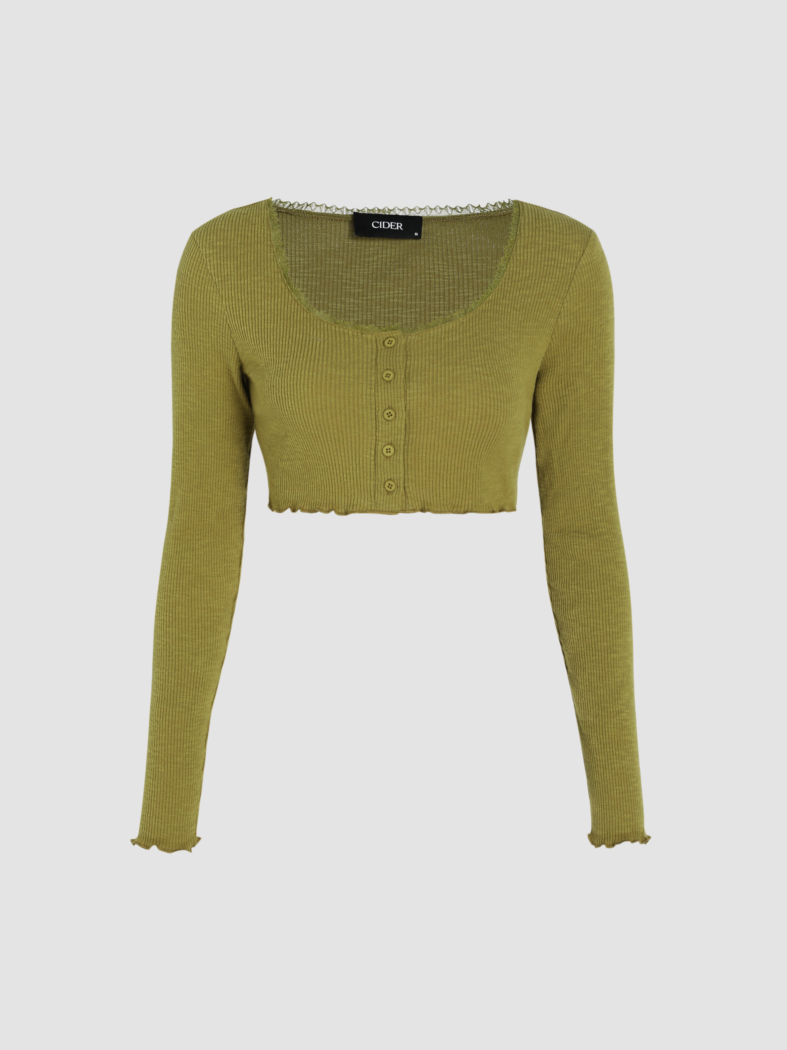 Knit Fabric Lace Trim Button Up Crop Top For Coffee Shop Daily Casual ...