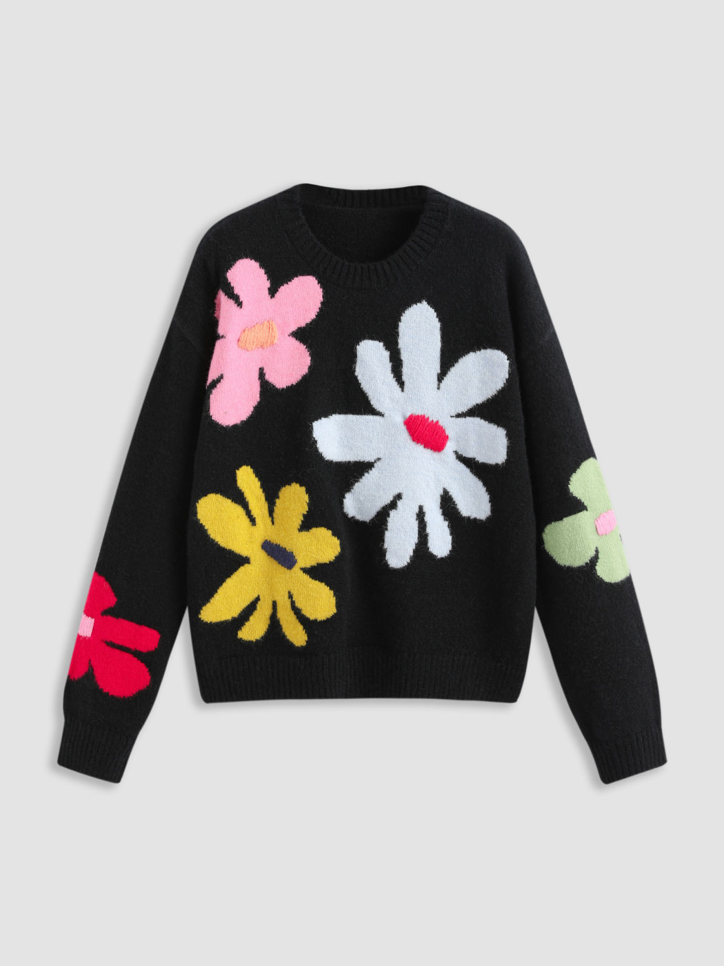 Knit Fabric Floral Pattern Long Sleeve Sweater For School Work Home ...