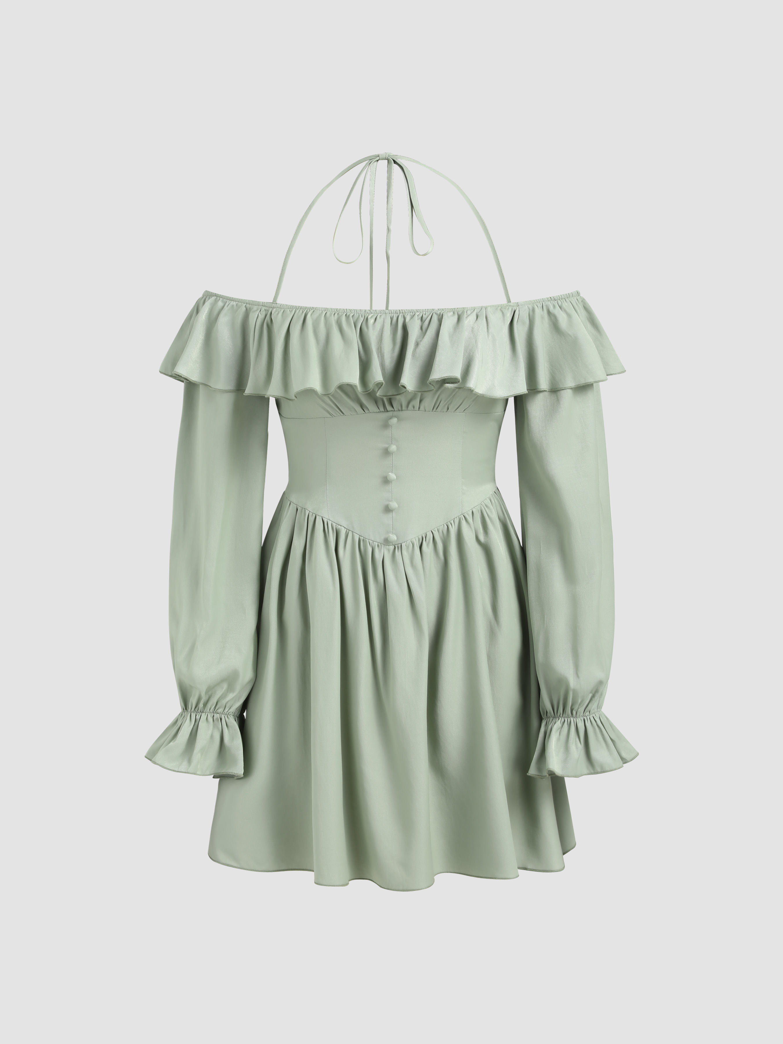 Woven Solid Halter Ruffle Off-shoulder Mini Dress For Date Holiday Vacation