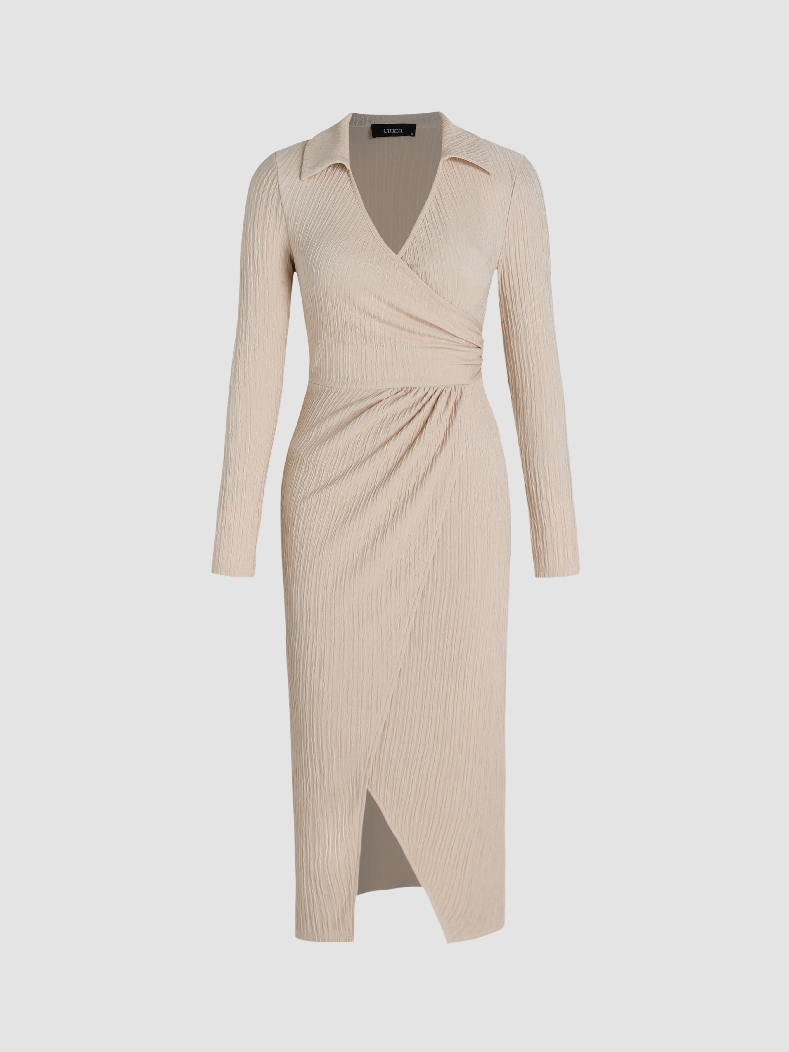 Solid V-neck Ruched Split Midi Dress - Cider