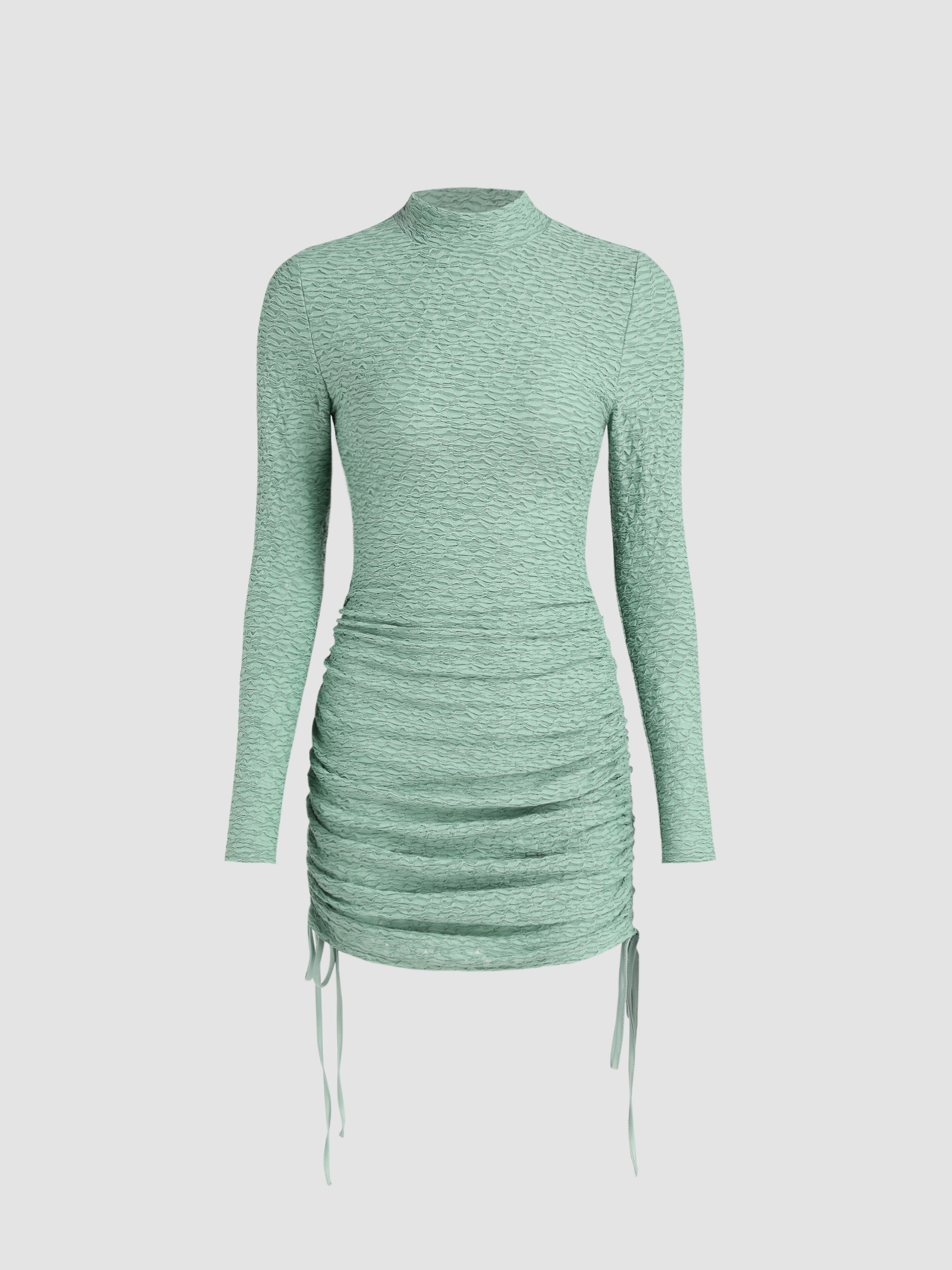 Solid High Neck Ruched Drawstring Knitted Mini Dress - Cider