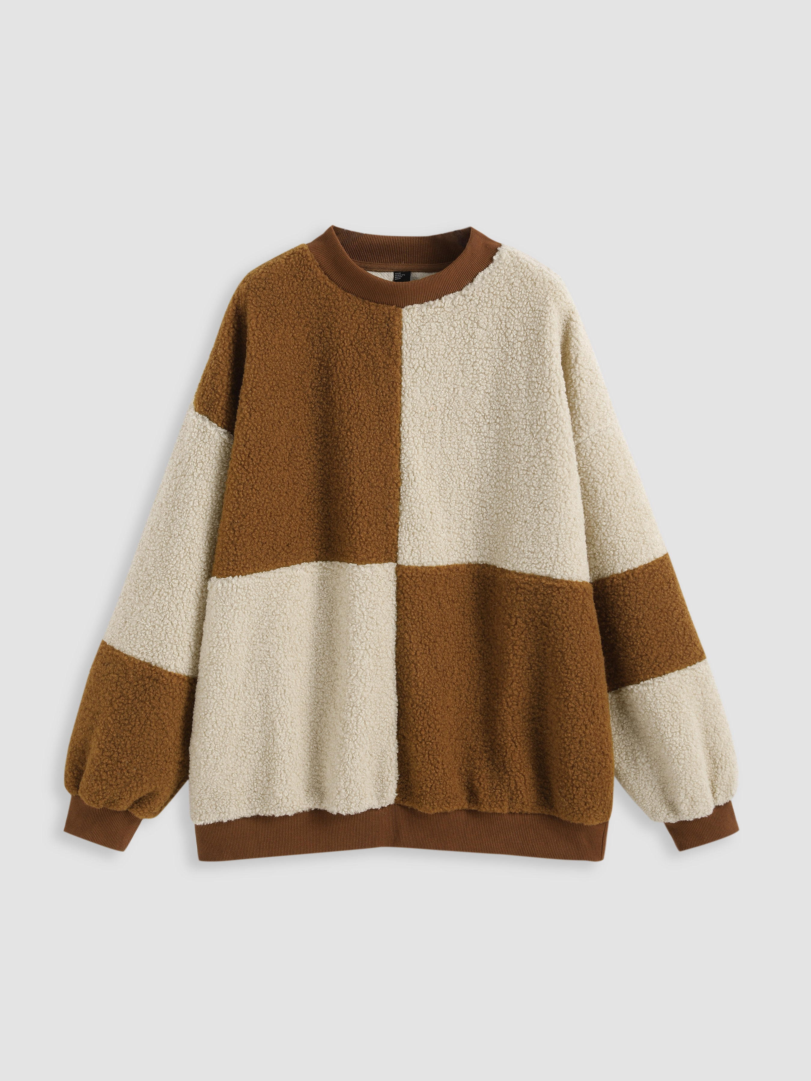 Fleece Checkered Patchy Long Sleeve Sweatshirt - Cider