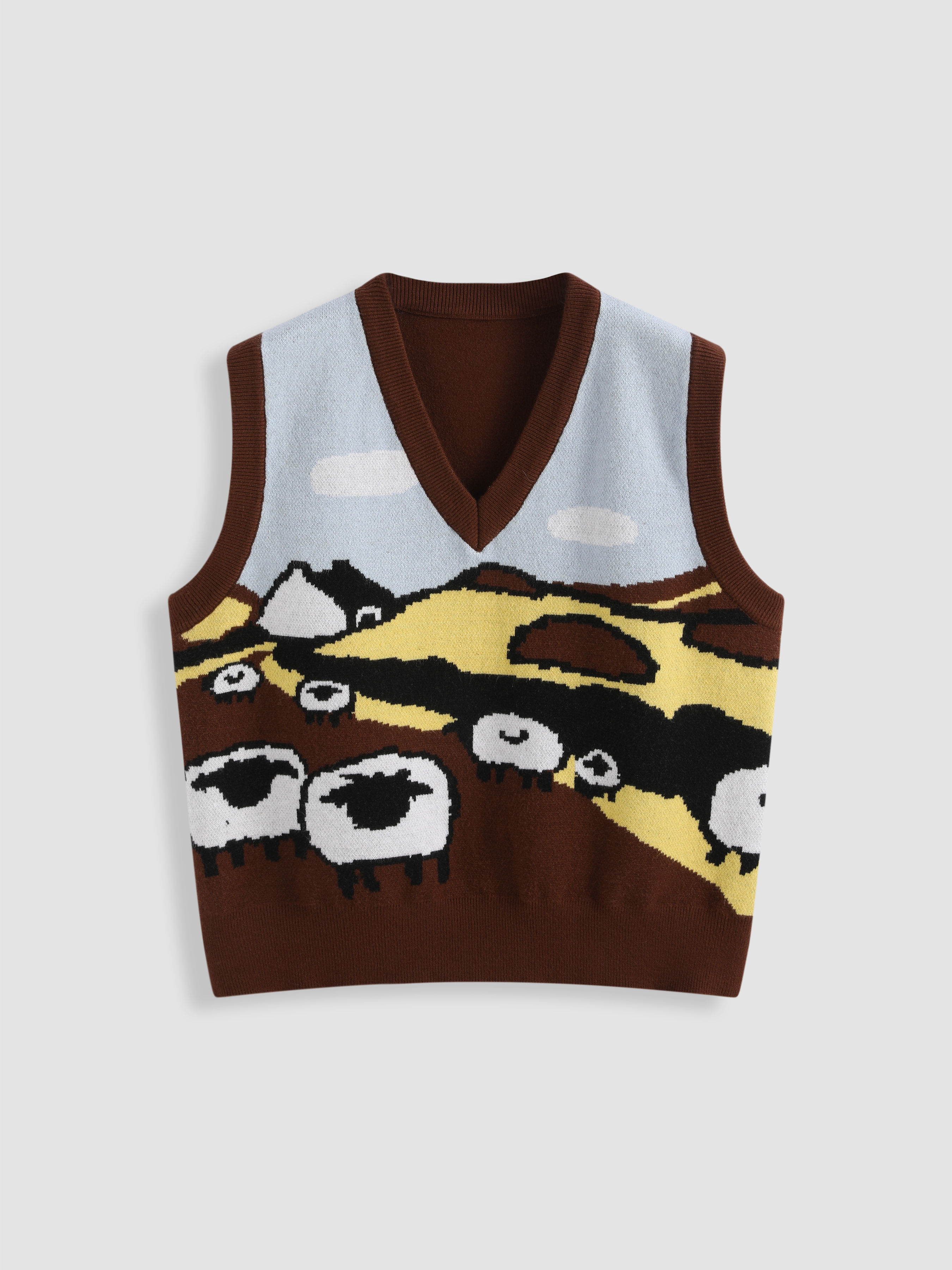 V-neck Sheep Pattern Knitted Vest For School Work Holiday Vacation