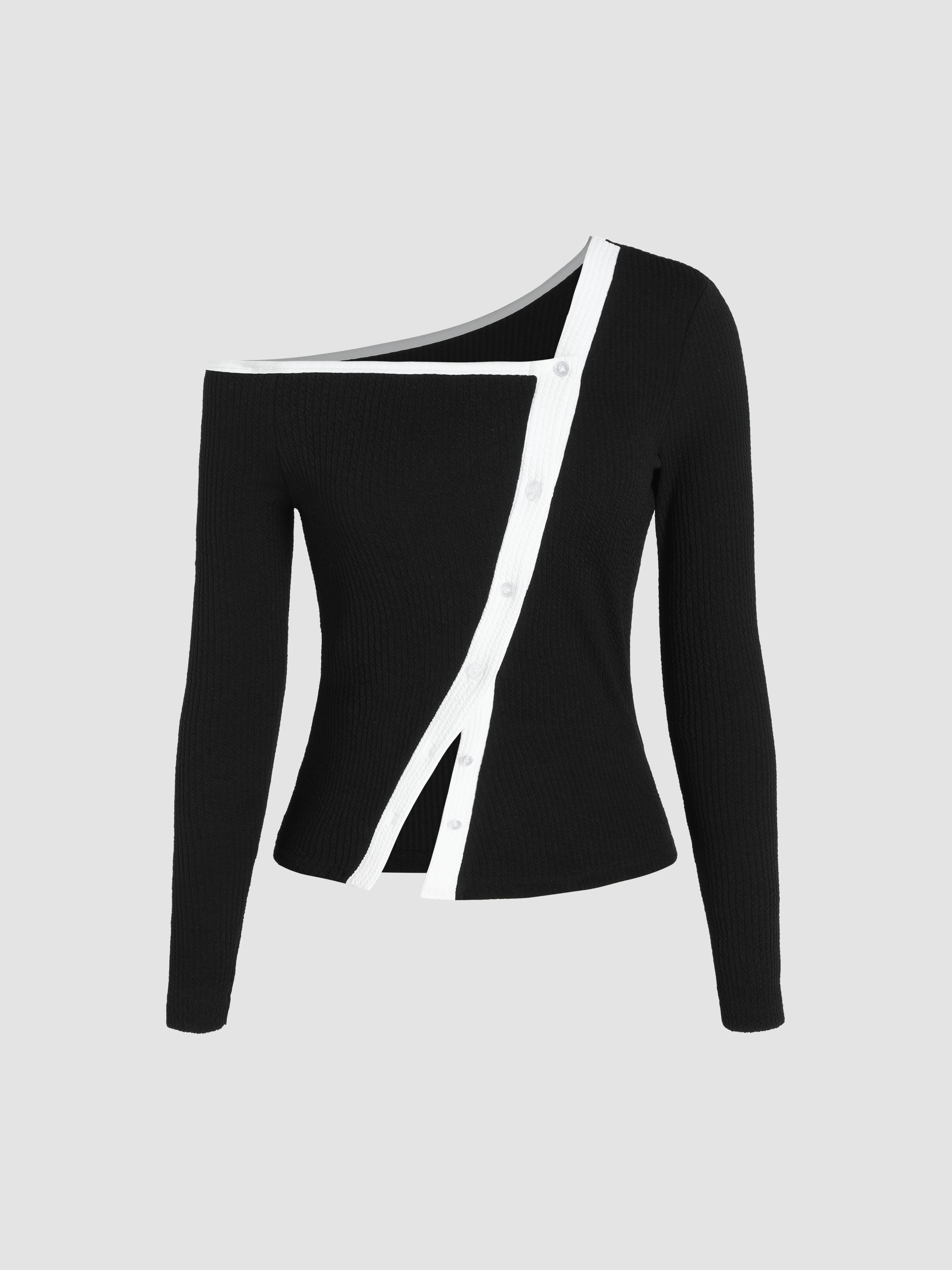 Knit Fabric Rib Button Up Asymmetrical Neckline Top For Music Festival/Live House Exhibition ...