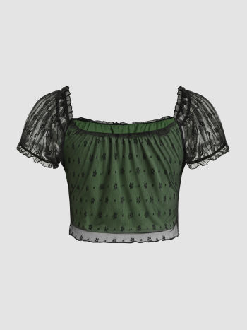 Curve & Plus Floral Mesh Knotted Crop Top For Date Party/Clubbing