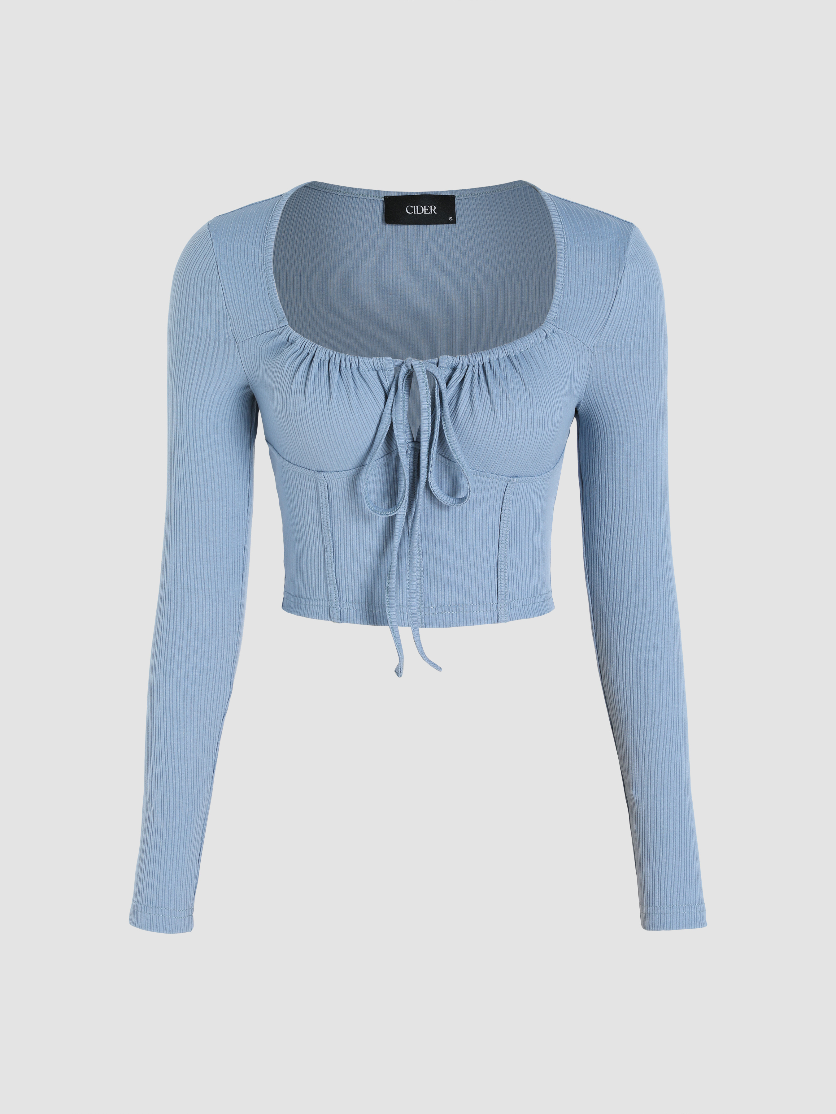 Solid U-neckline Drawstring Crop Tee - Cider