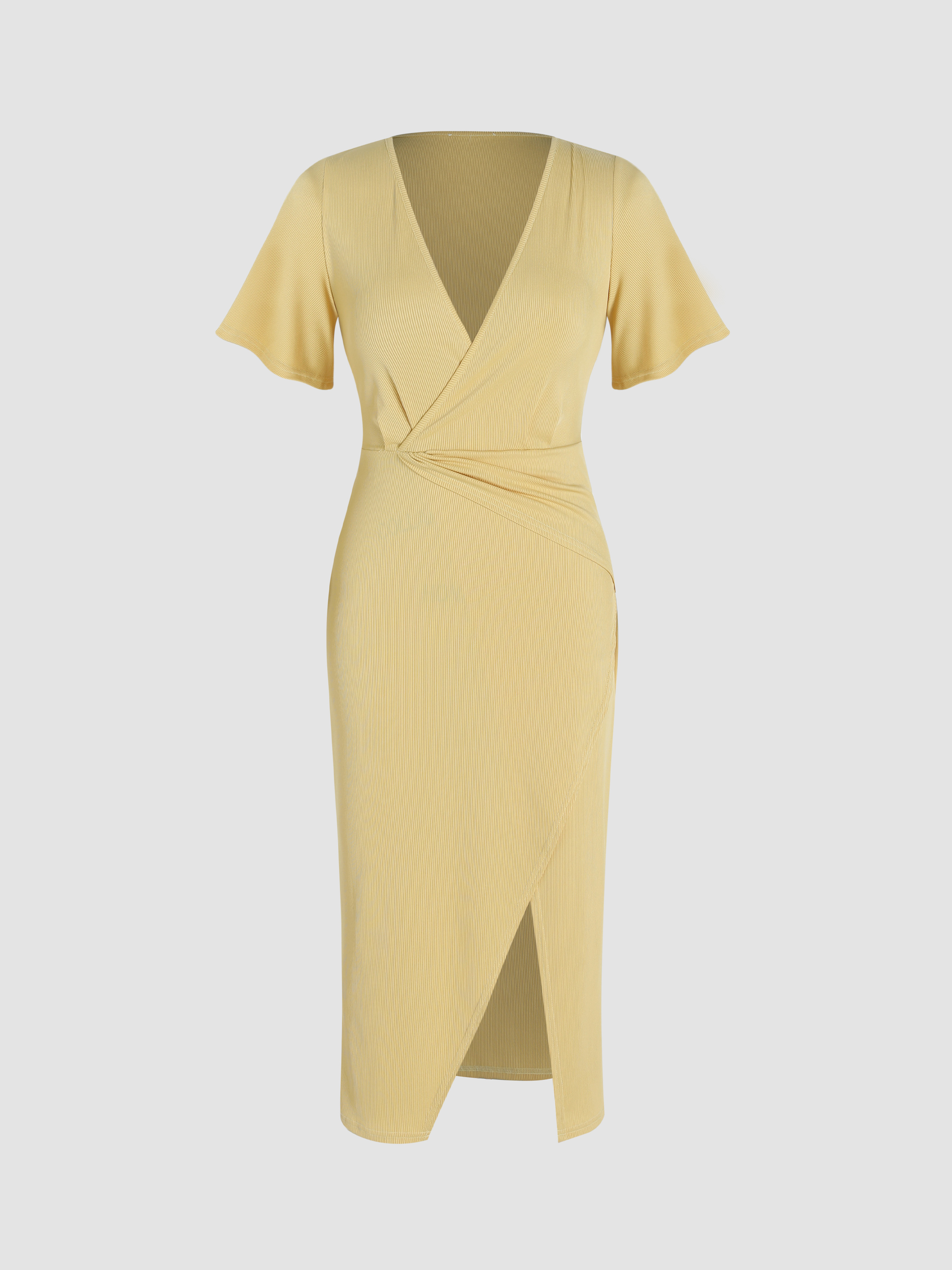 Knit Fabric Rib Solid V Neck Split Midi Dress For Date Exhibition
