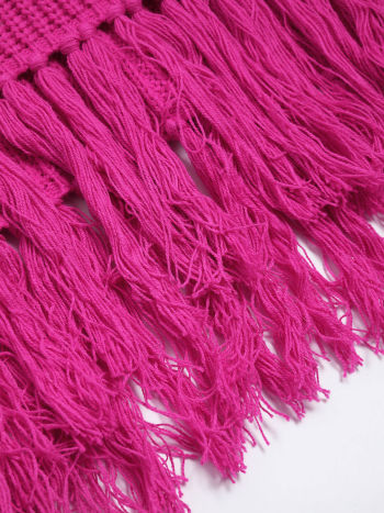 Solid V-neck Tassel Crop Knitted Long Sleeve Top For Vacation Holiday