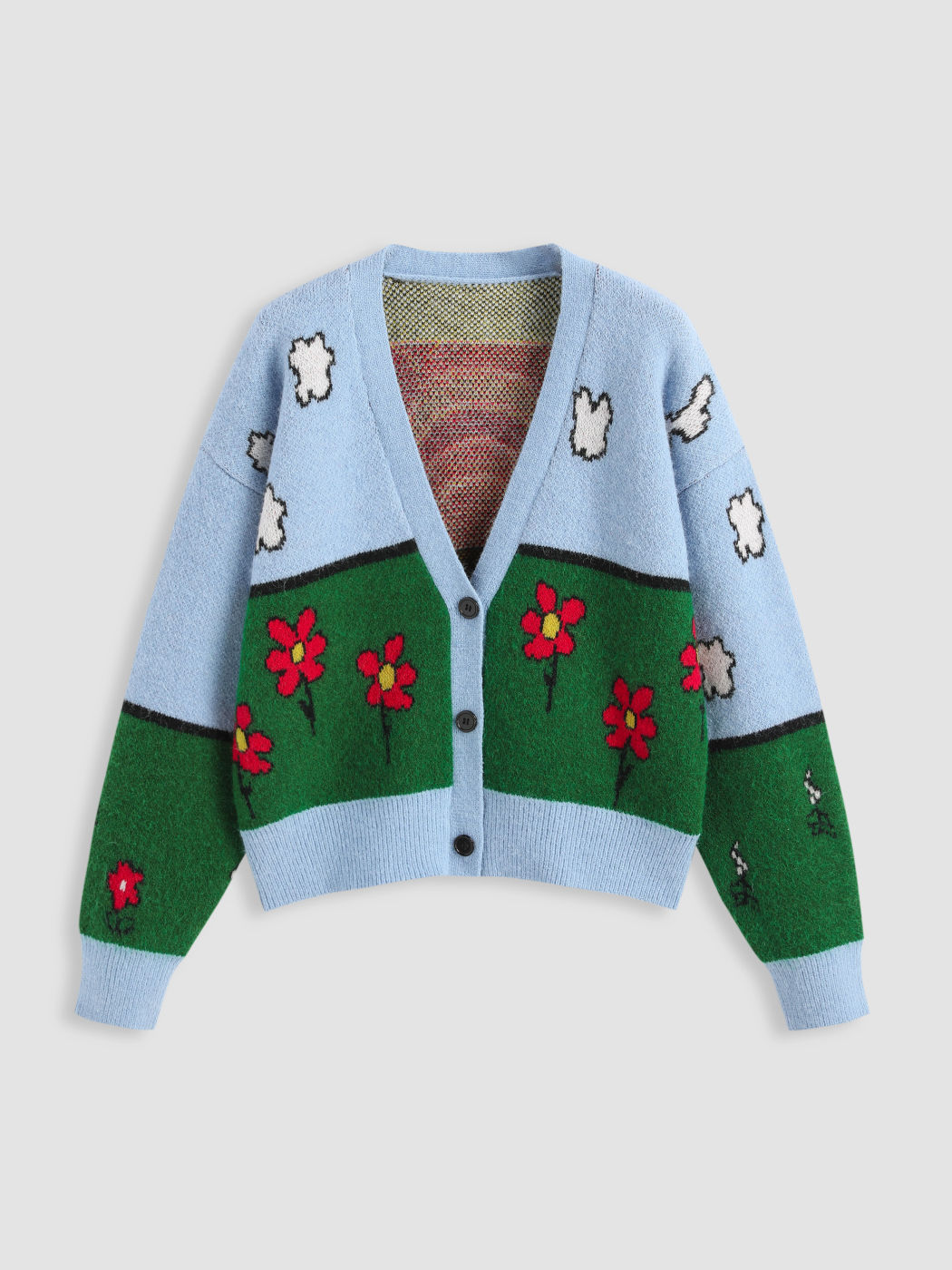 Floral Pattern Patchy Knit Cardigan - Cider