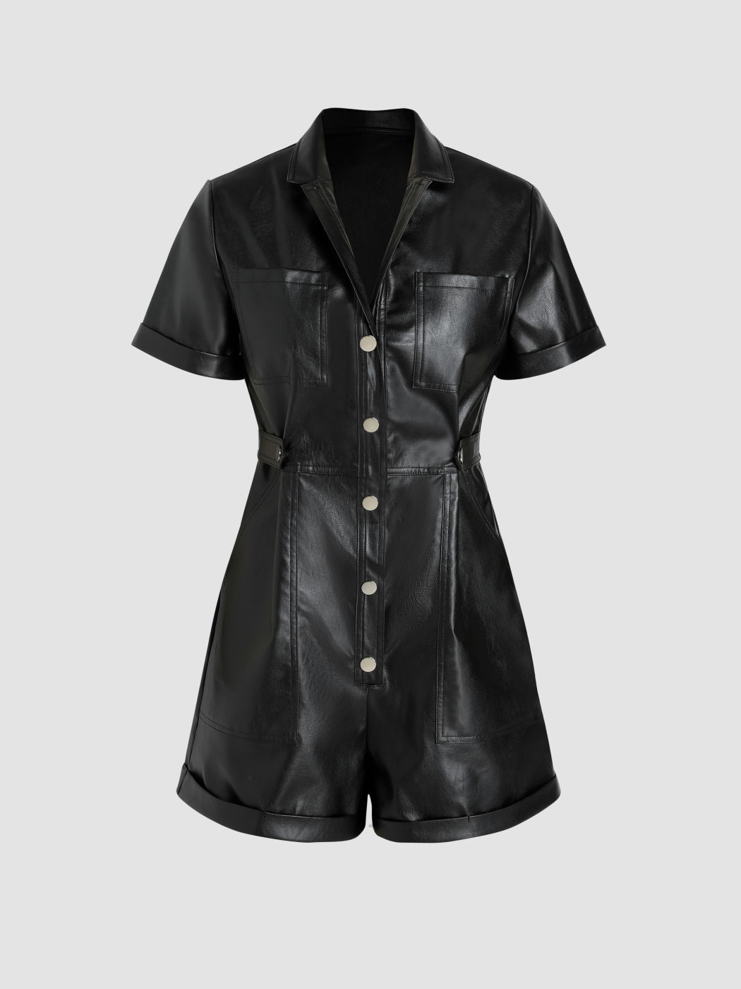 PU Solid Collar Wide Leg Playsuit For School Work