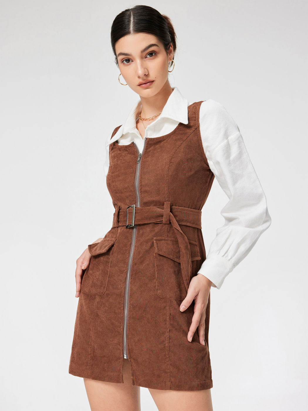 Corduroy Zip Up Mini Dress With Belt - Cider