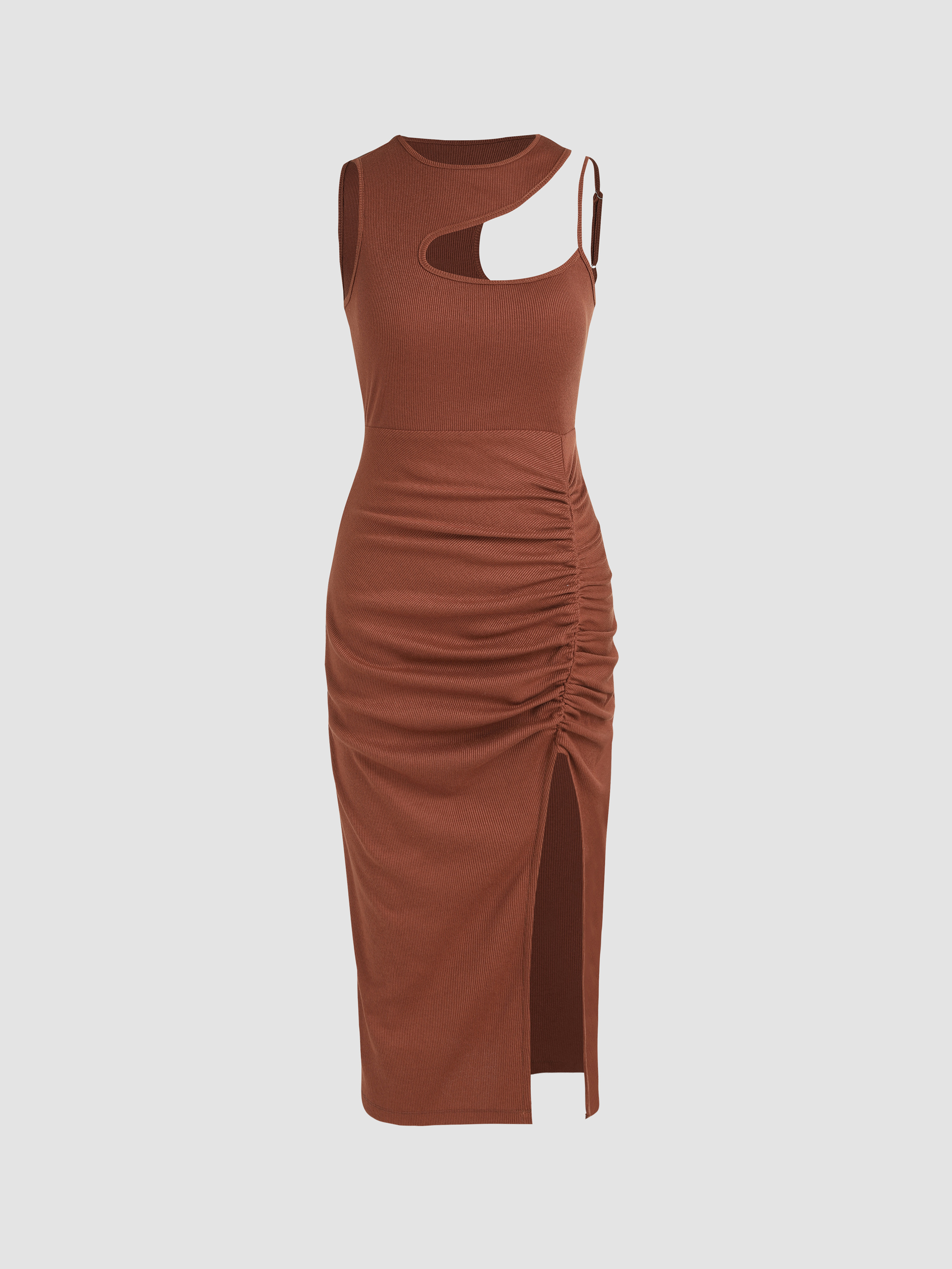 Solid Rib Asymmetrical Split Midi Dress For Coffee Shop Vacation