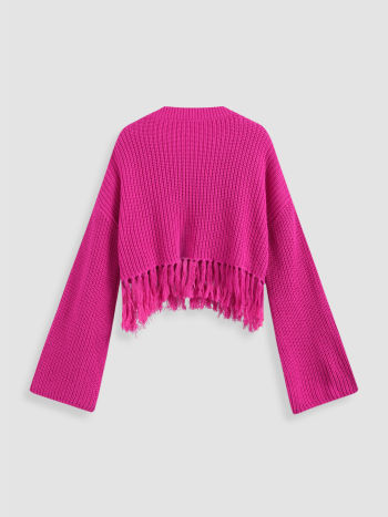 Solid V-neck Tassel Crop Knitted Long Sleeve Top For Vacation Holiday