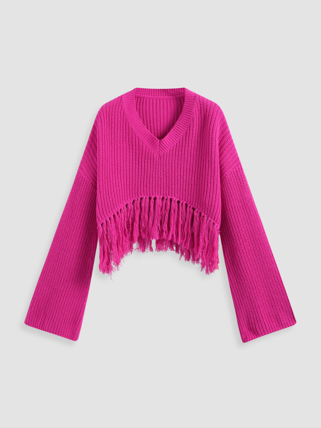 Solid V-neck Tassel Crop Knitted Long Sleeve Top For Vacation Holiday