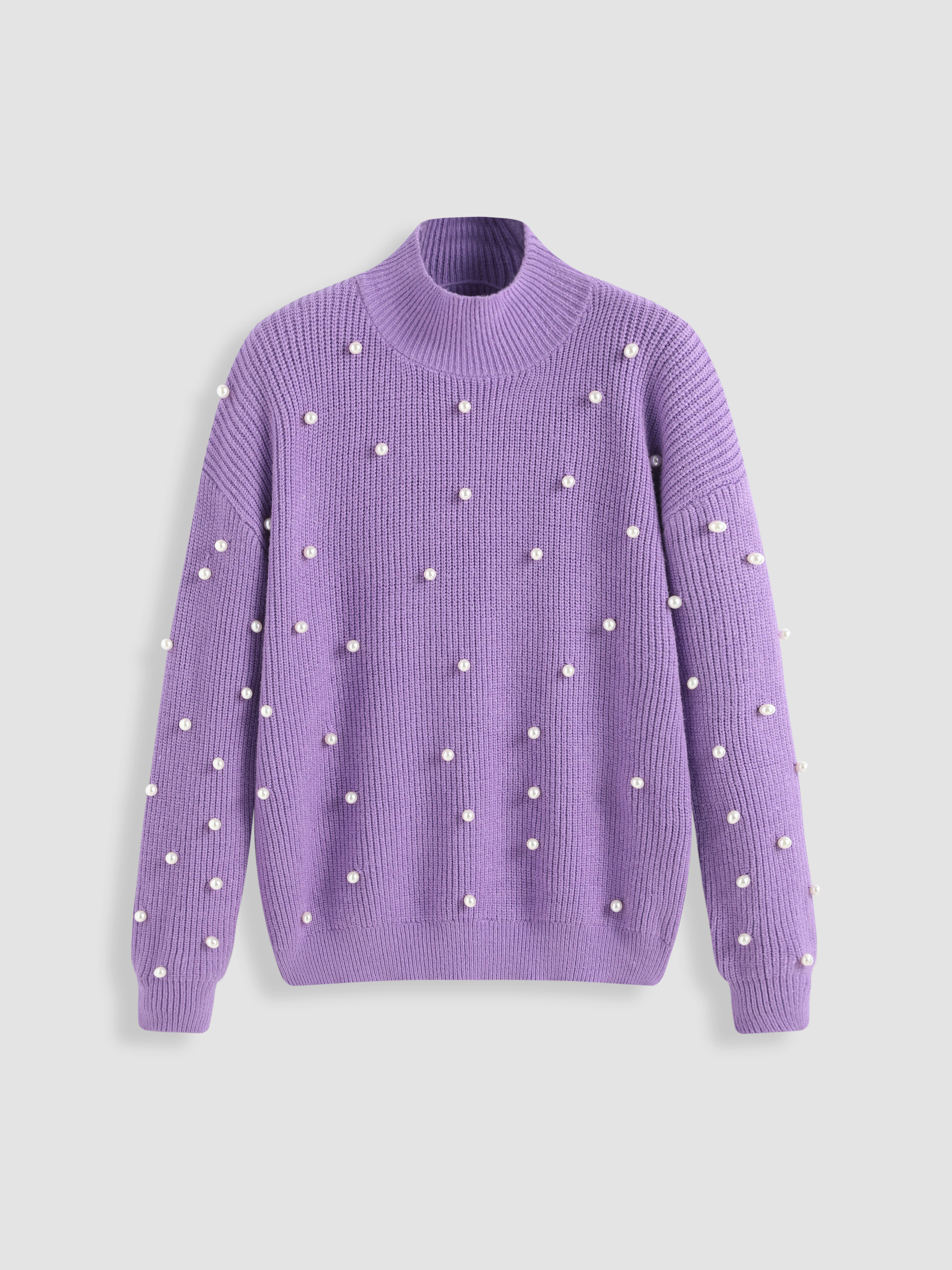 Solid High Neck 3D Faux Pearl Oversized Sweater For Daily Casual
