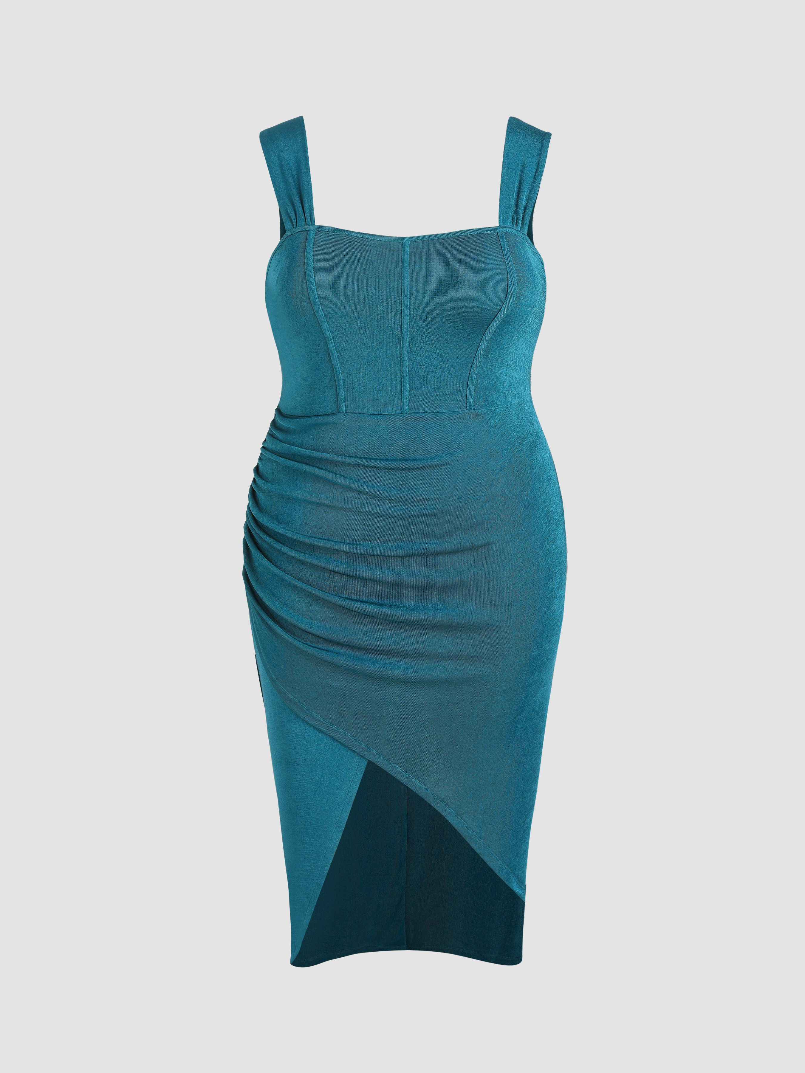 Knit Fabric Texture Ruched Slit Midi Dress Curve And Plus For Date Music