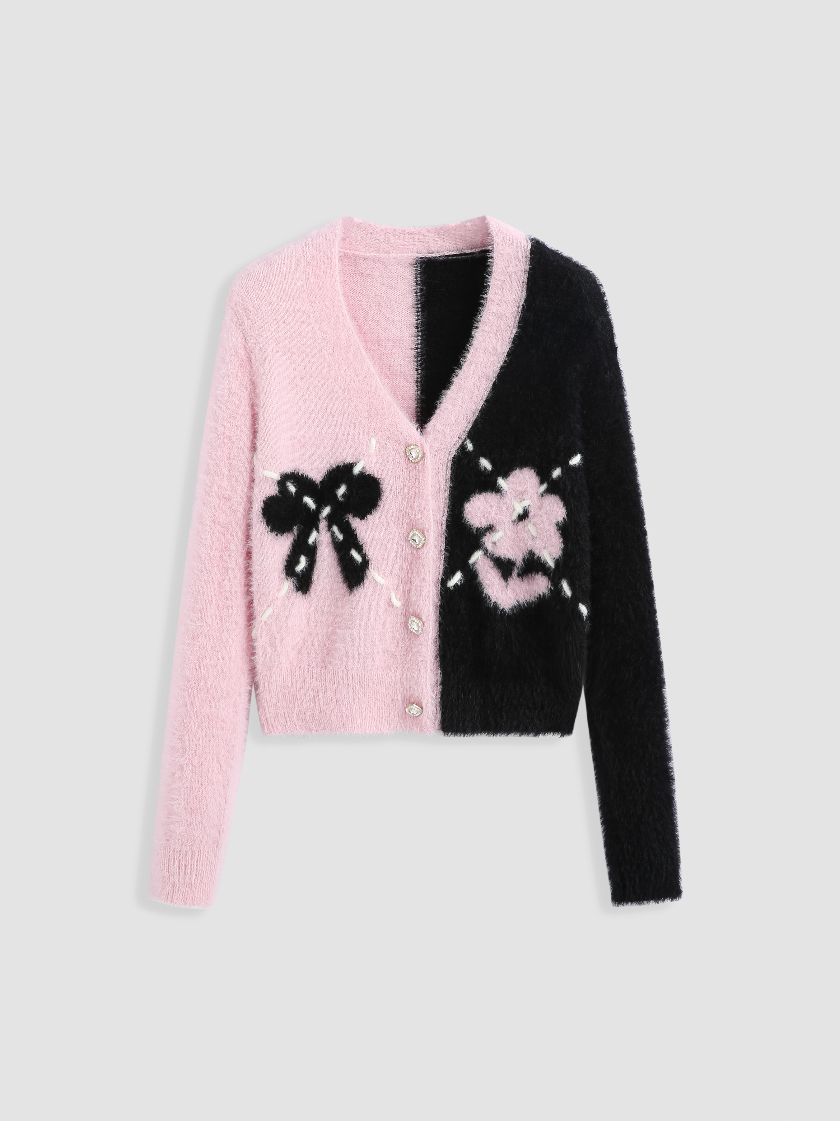 V-neck Two Tone Button Up Bowknot Cardigan For Daily Casual School