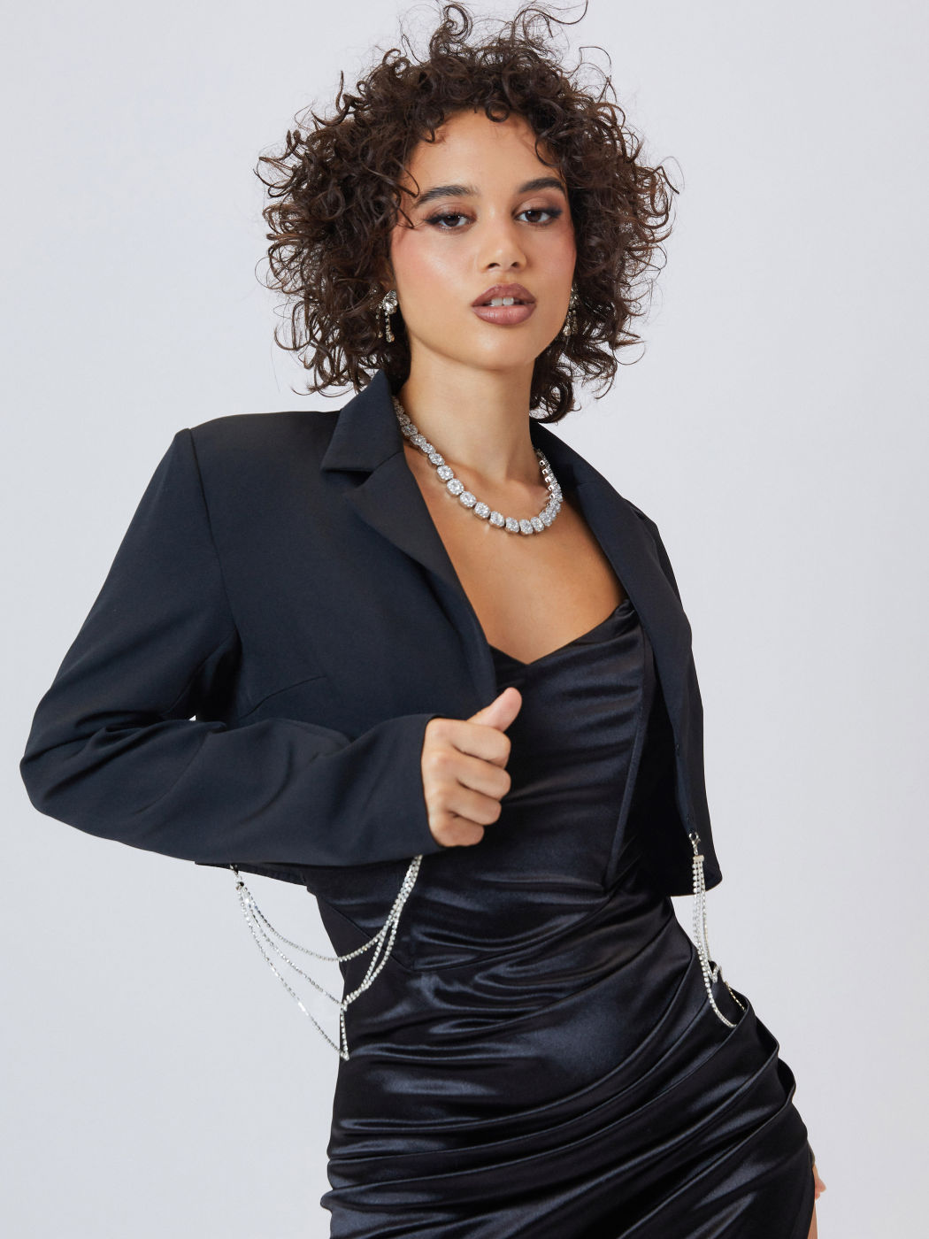 Rhinestone Chain Crop Blazer - Cider