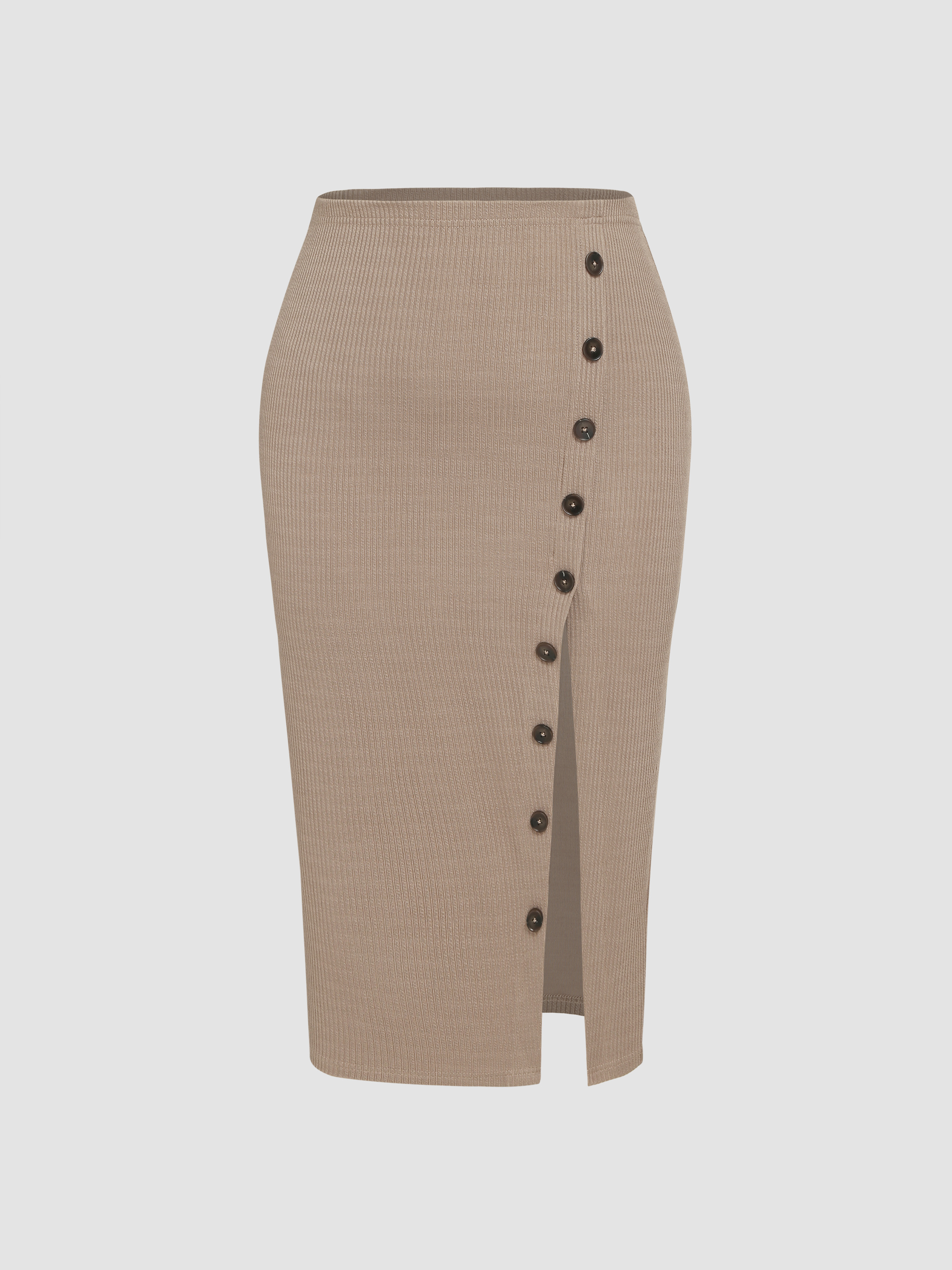 Curve & Plus Rib Knit Button Up Skirt - Cider