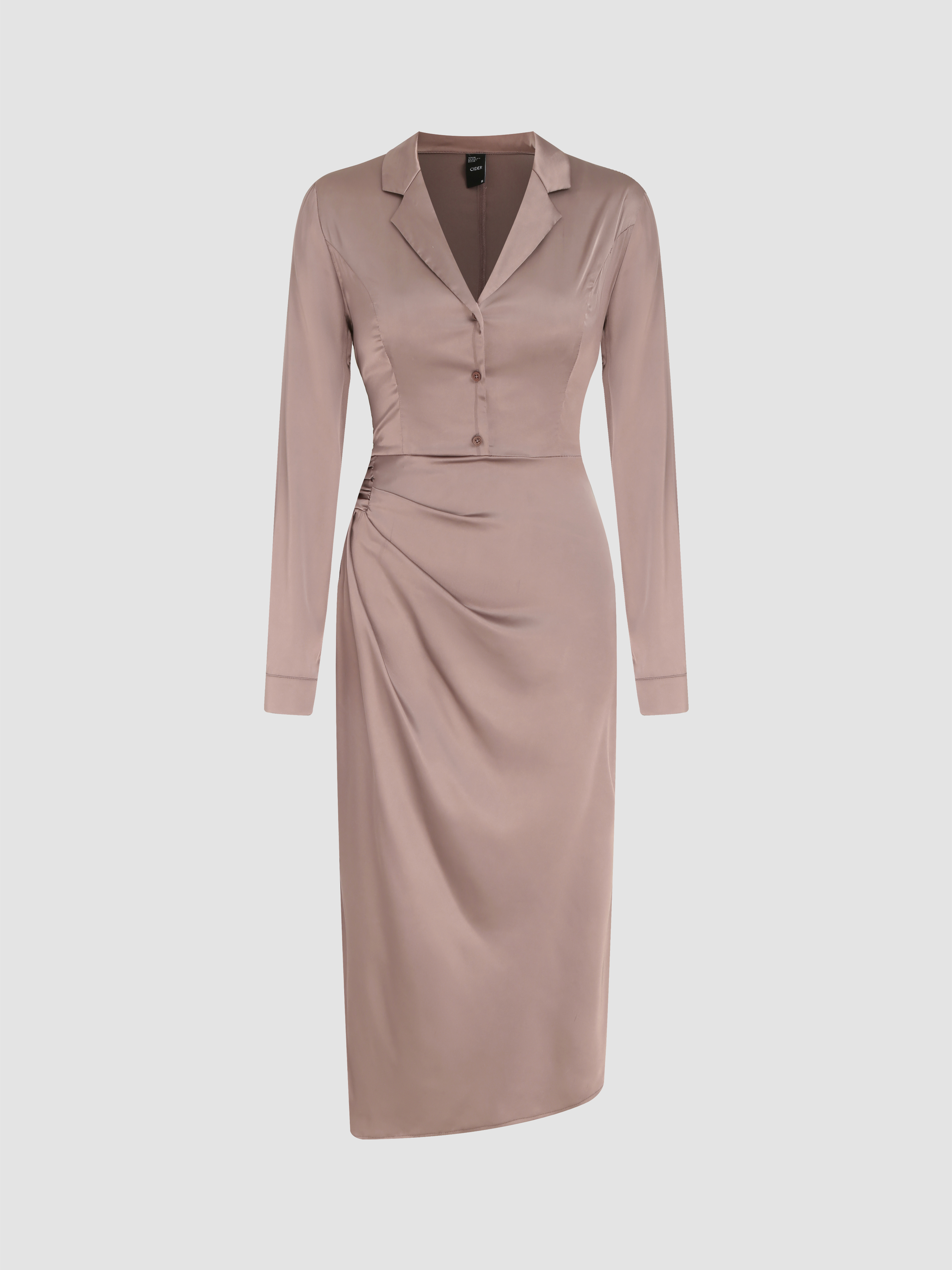 Solid Satin Collar Ruched Midi Dress For Exhibition Coffee Shop Work