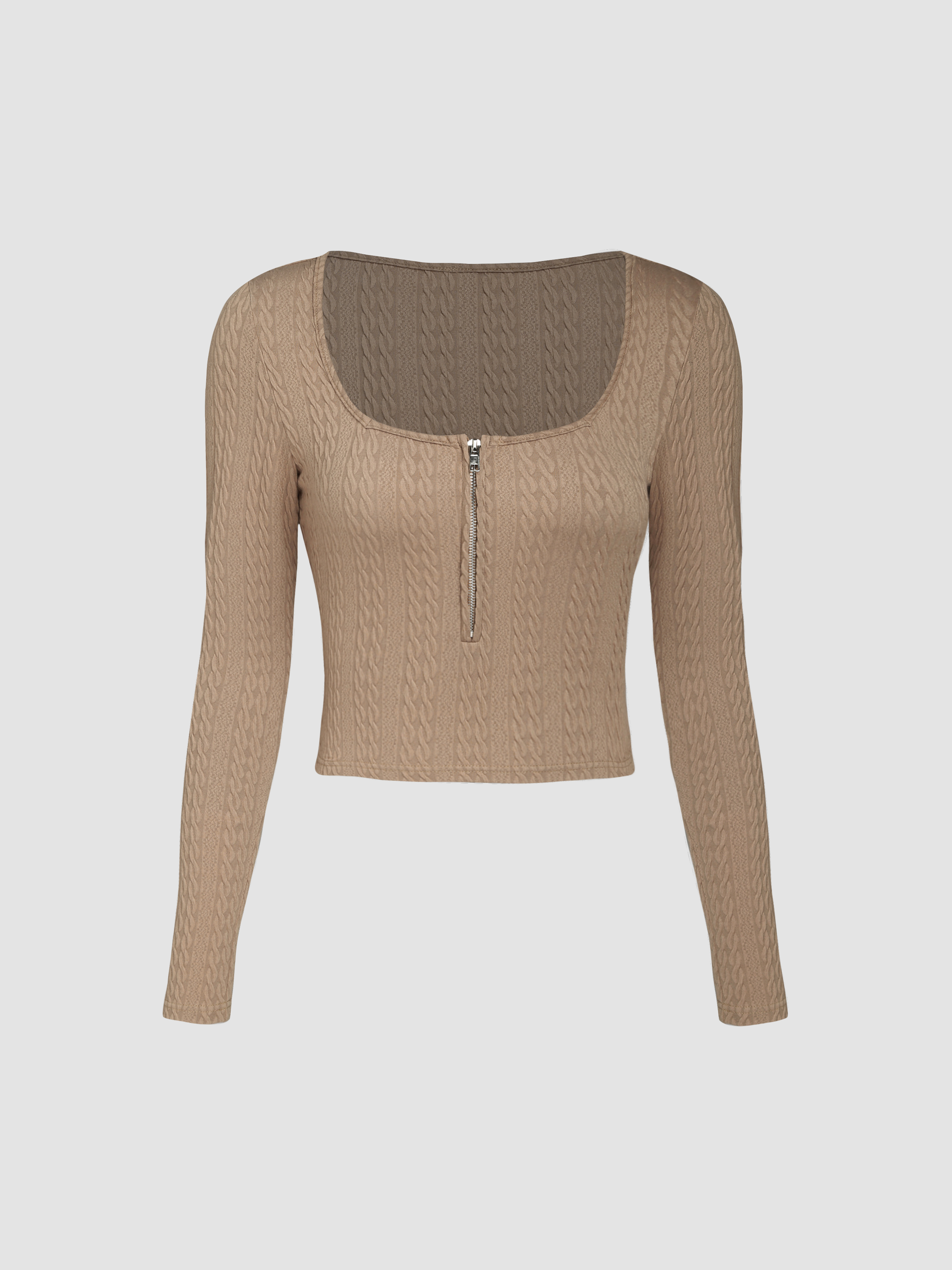 Texture Zip Up Neck Top - Cider