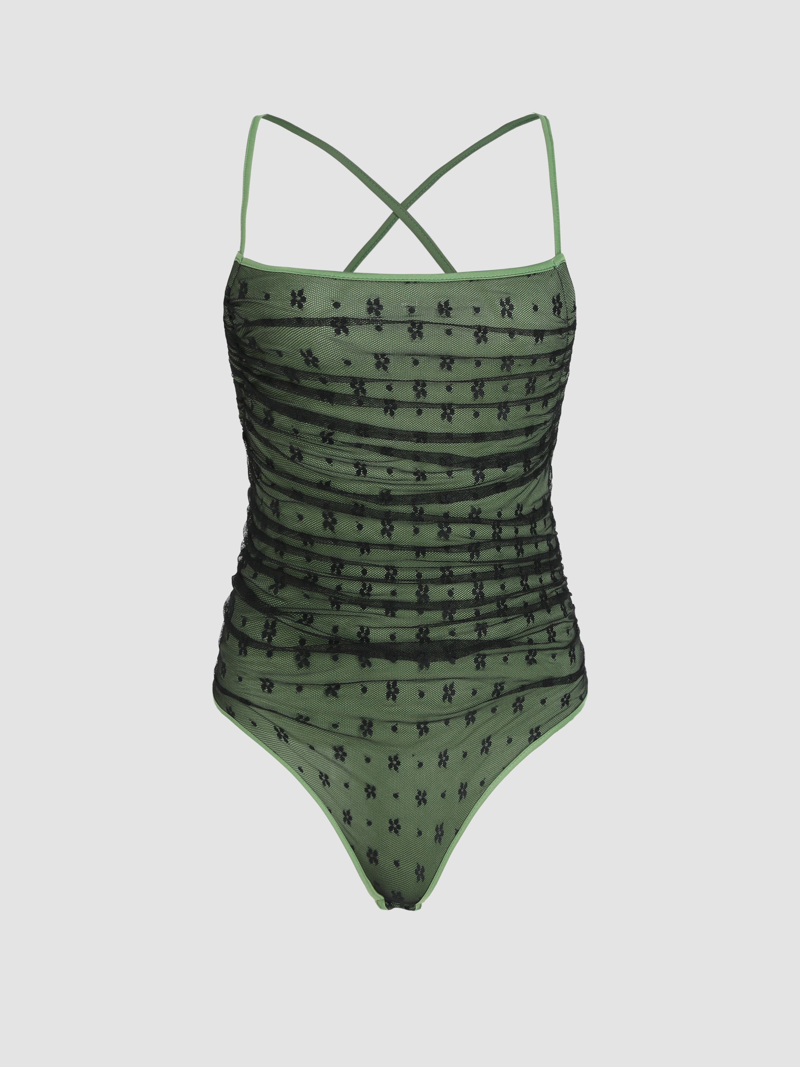 Mesh Lace Cross Tie Back Bodysuit For Vacation Holiday