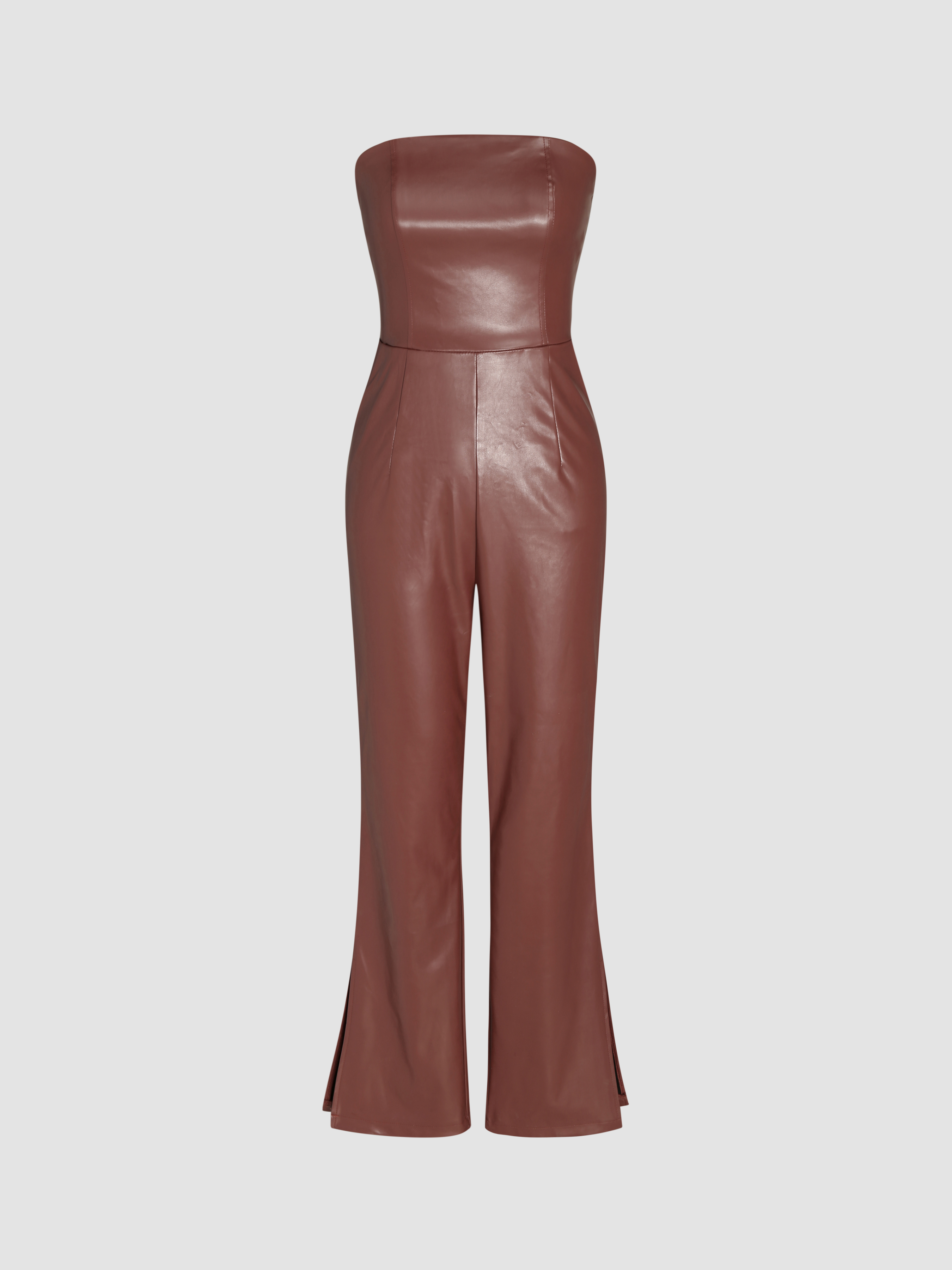 Faux Leather Solid Strapless Zip Up Flared Jumpsuit - Cider