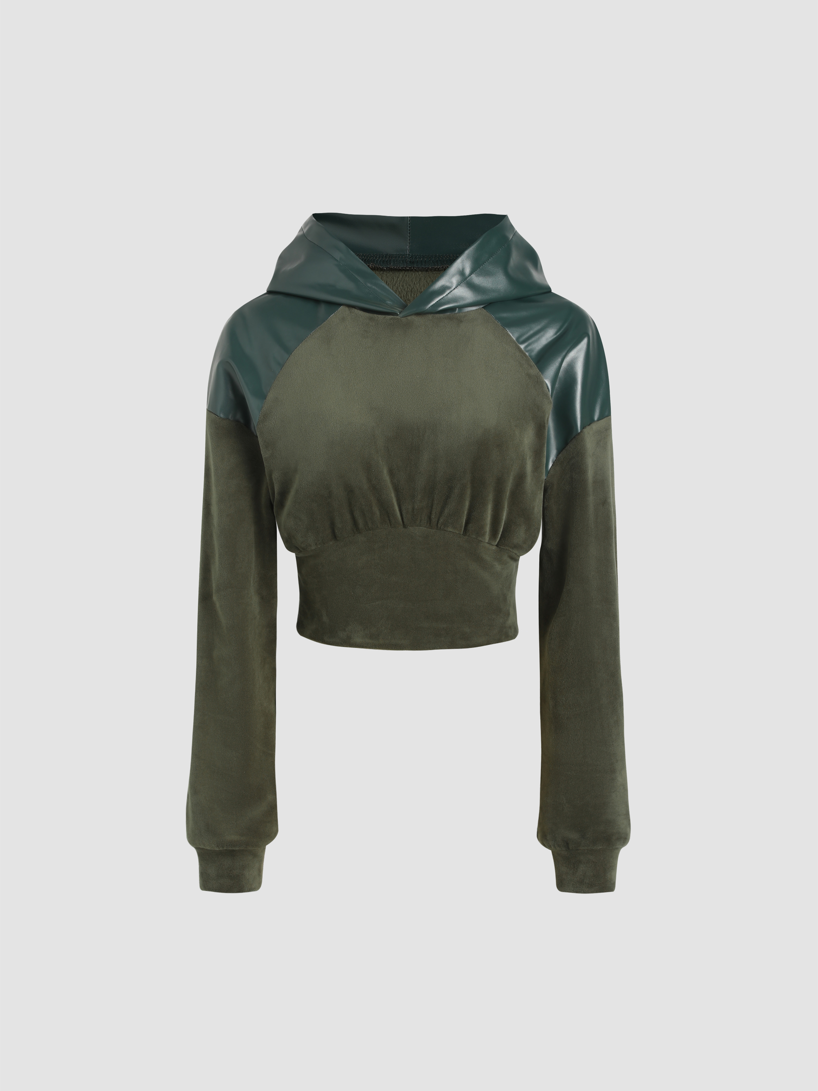 PU & Fleece Patchy Long Sleeve Hoodie - Cider