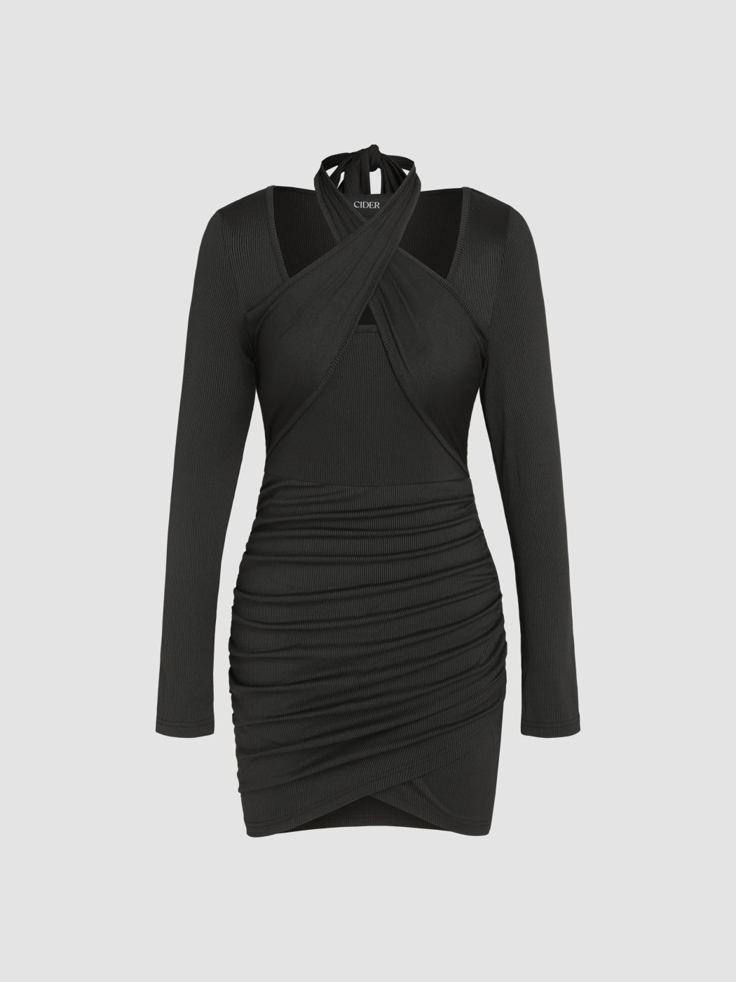 Knit Fabric Solid Cross Tie Back Ruched Mini Dress For Date Vacation