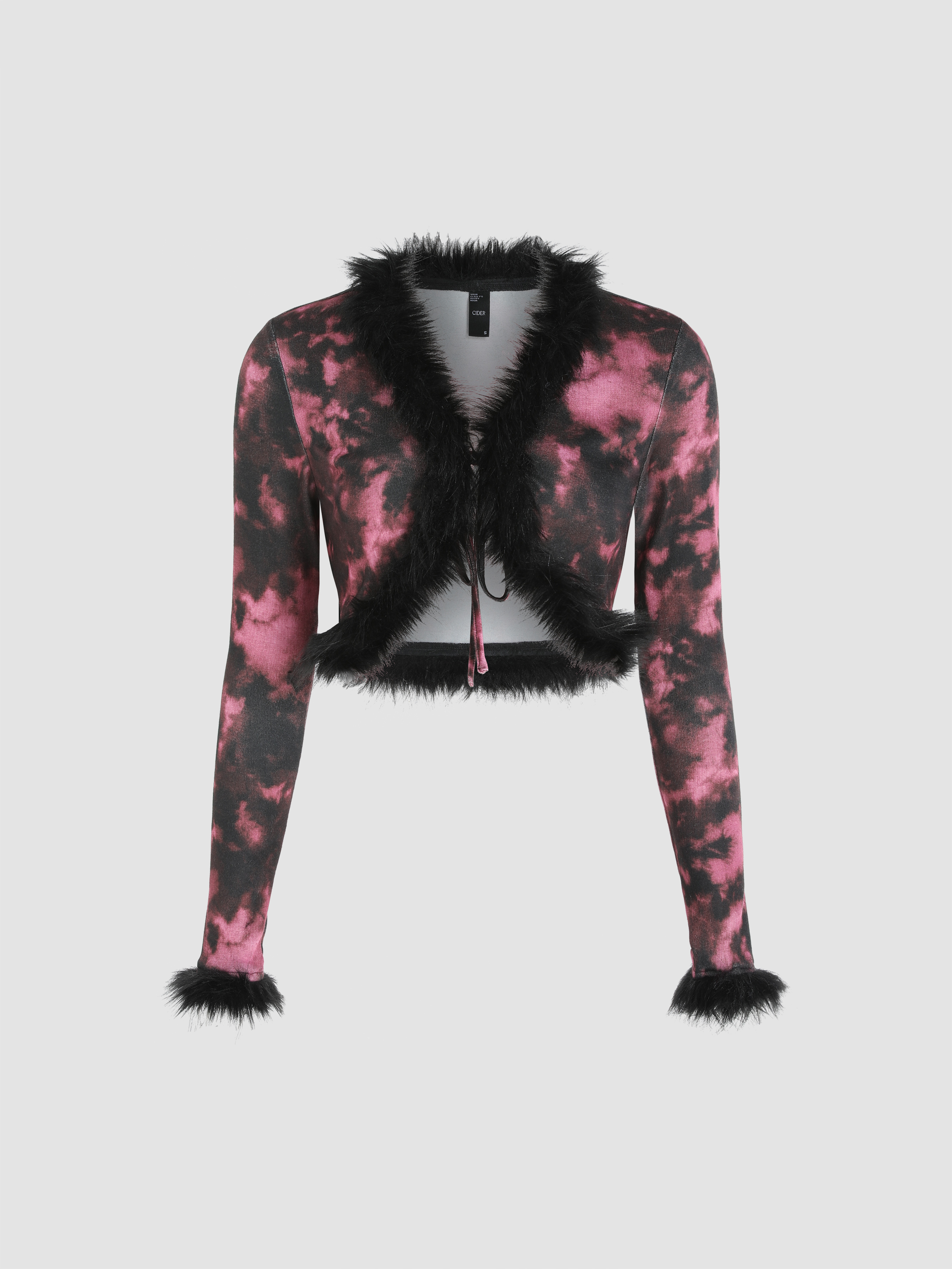 Tie Dye Faux Fur Trim Fluffy Crop Top - Cider Tie Dye Faux Fur Trim Fluffy Crop Top - Cider