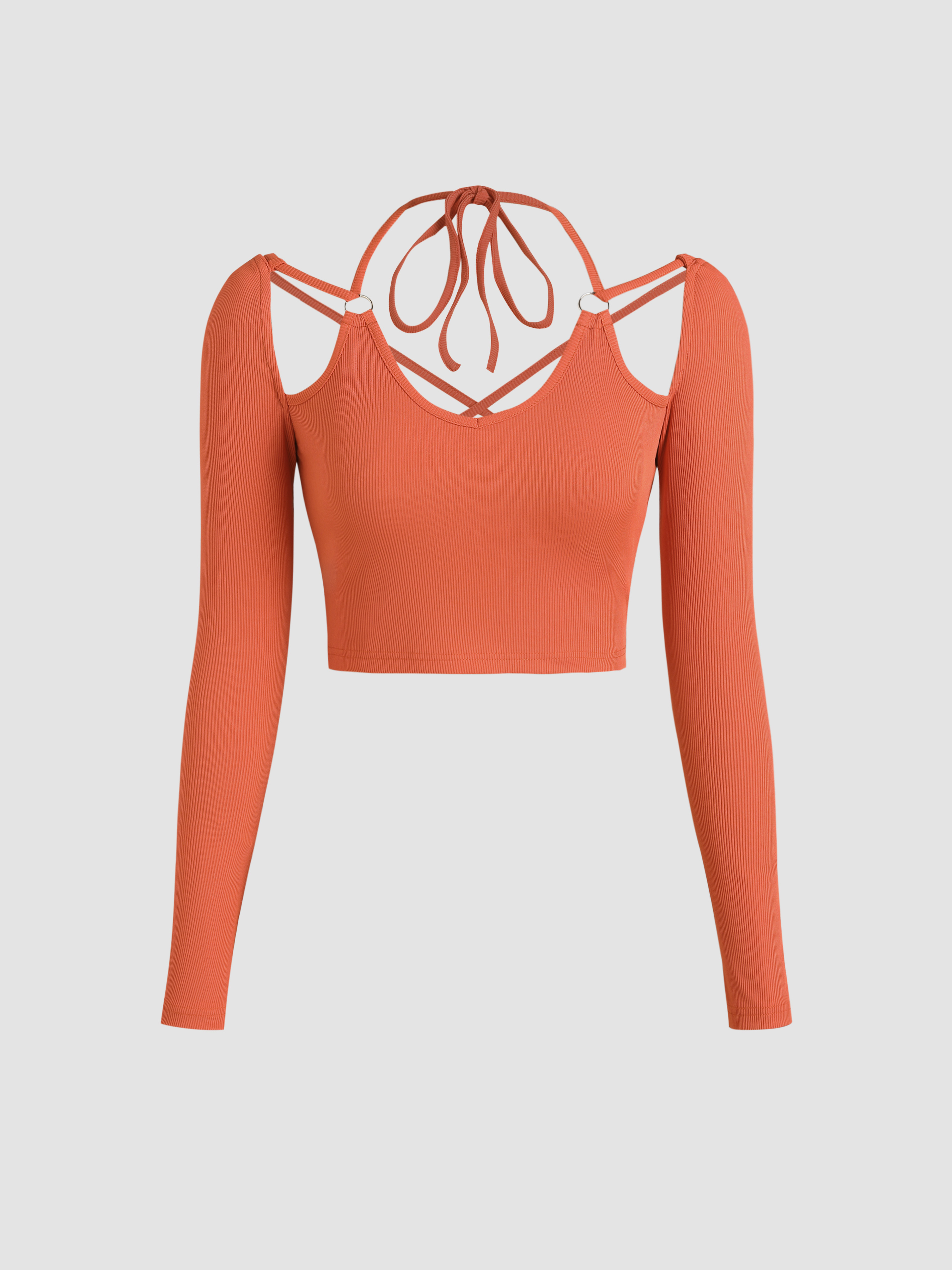 Solid Halter Cross Knitted Long Sleeve Top - Cider