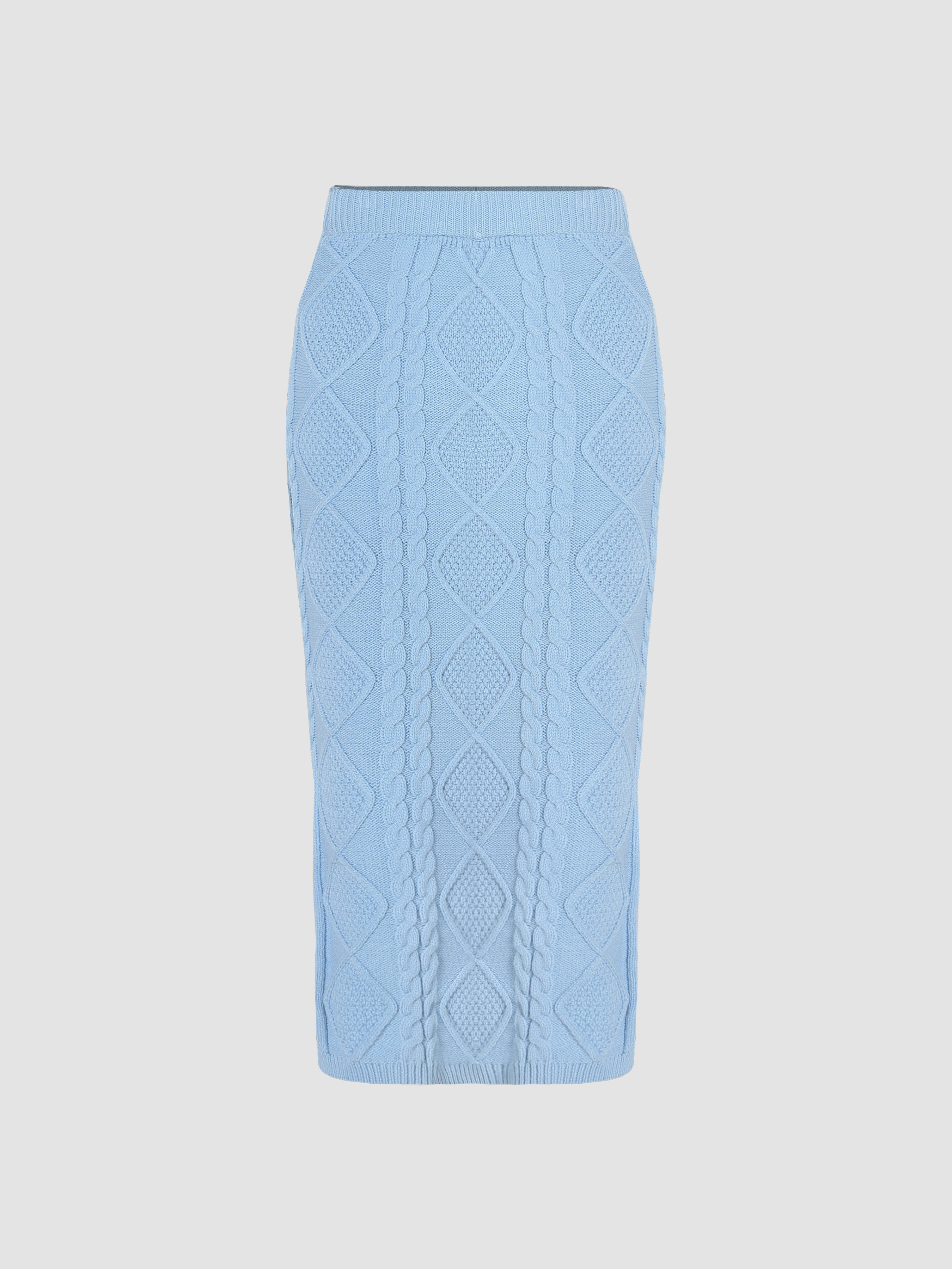 Solid Cable Knit Split Knitted Maxi Skirt For Work Coffee Shop